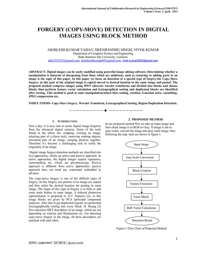 FORGERY (COPY-MOVE) DETECTION IN DIGITAL IMAGES USING BLOCK METHOD | PDF