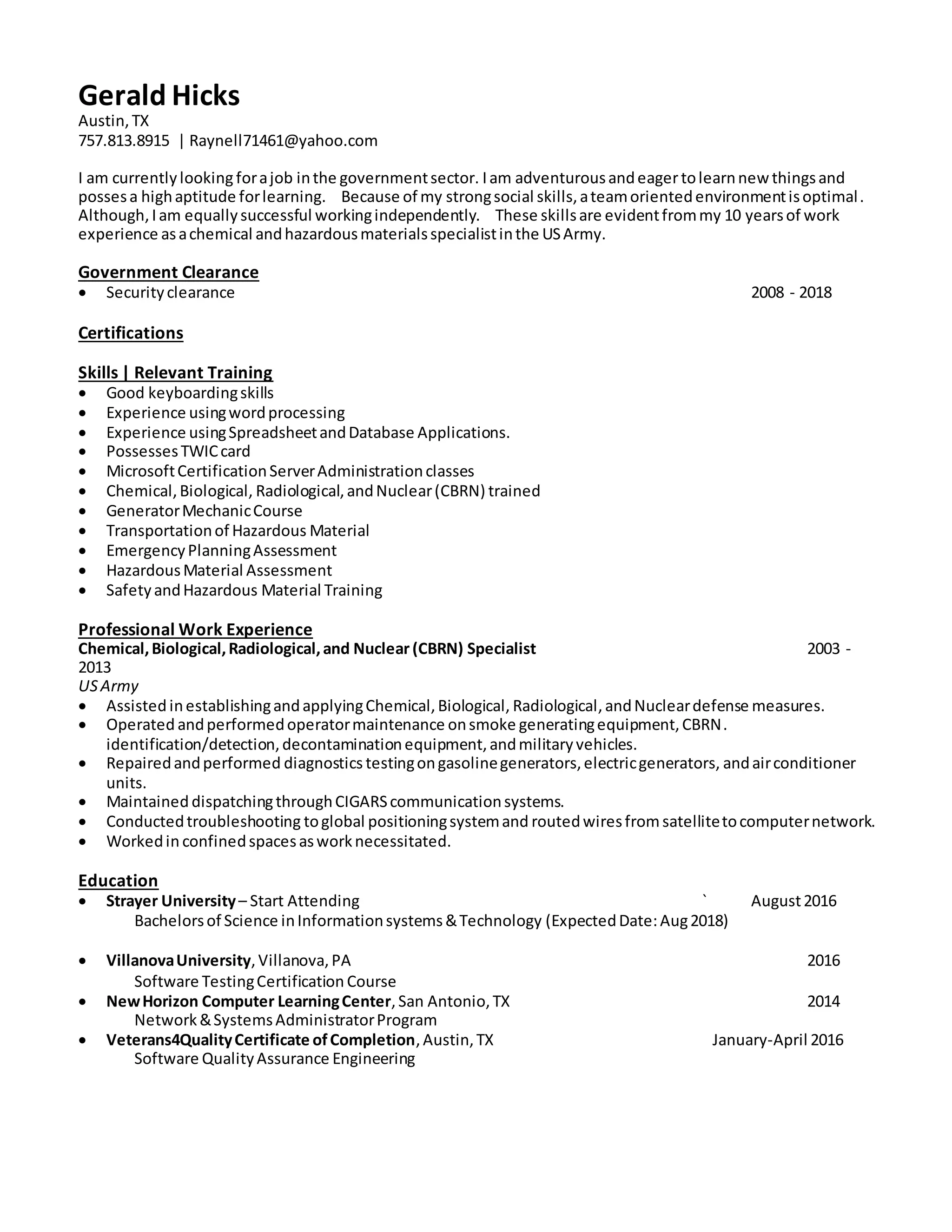 Gerald_Hicks Resume for software testing | DOCX