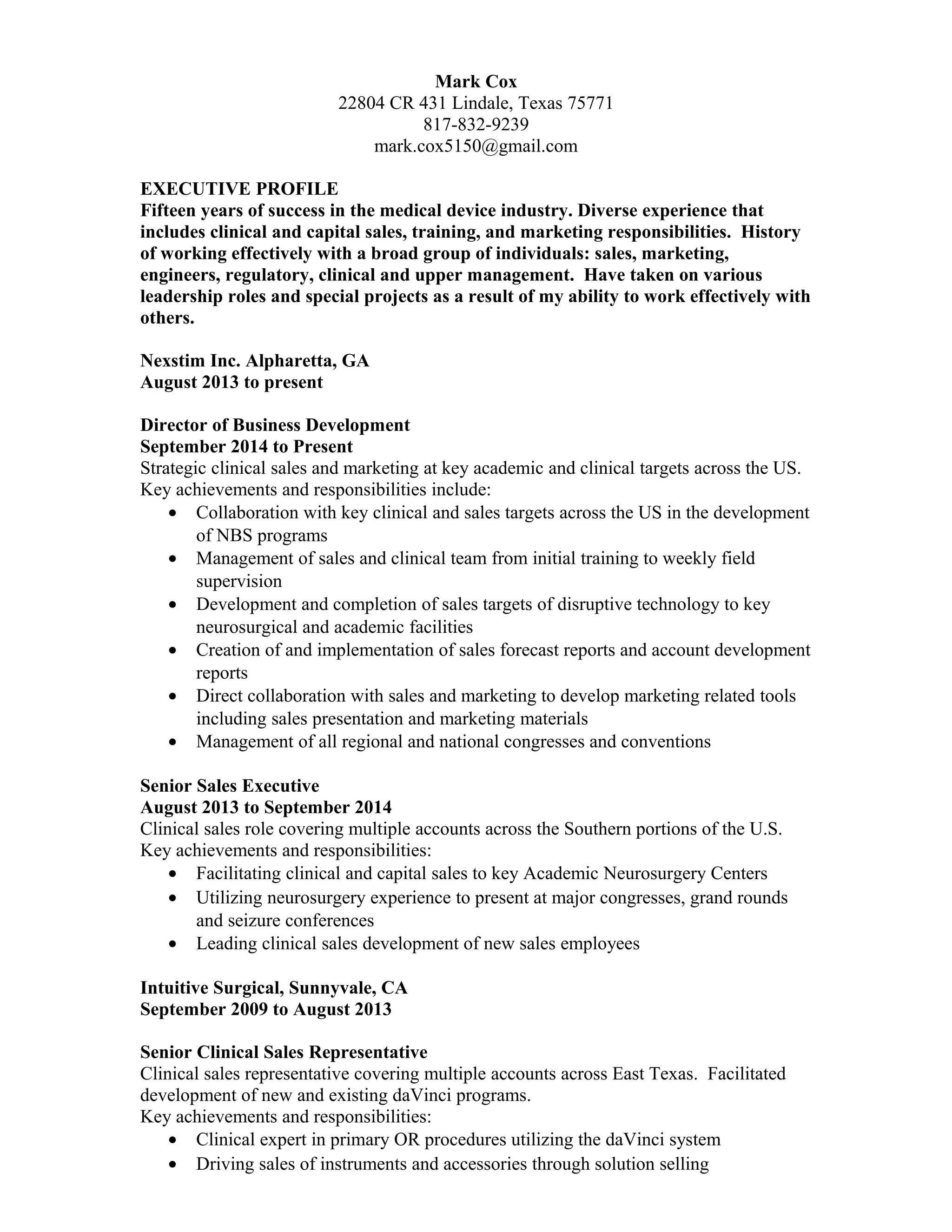 2016 Resume for Mark Cox | DOC | Sales | Business