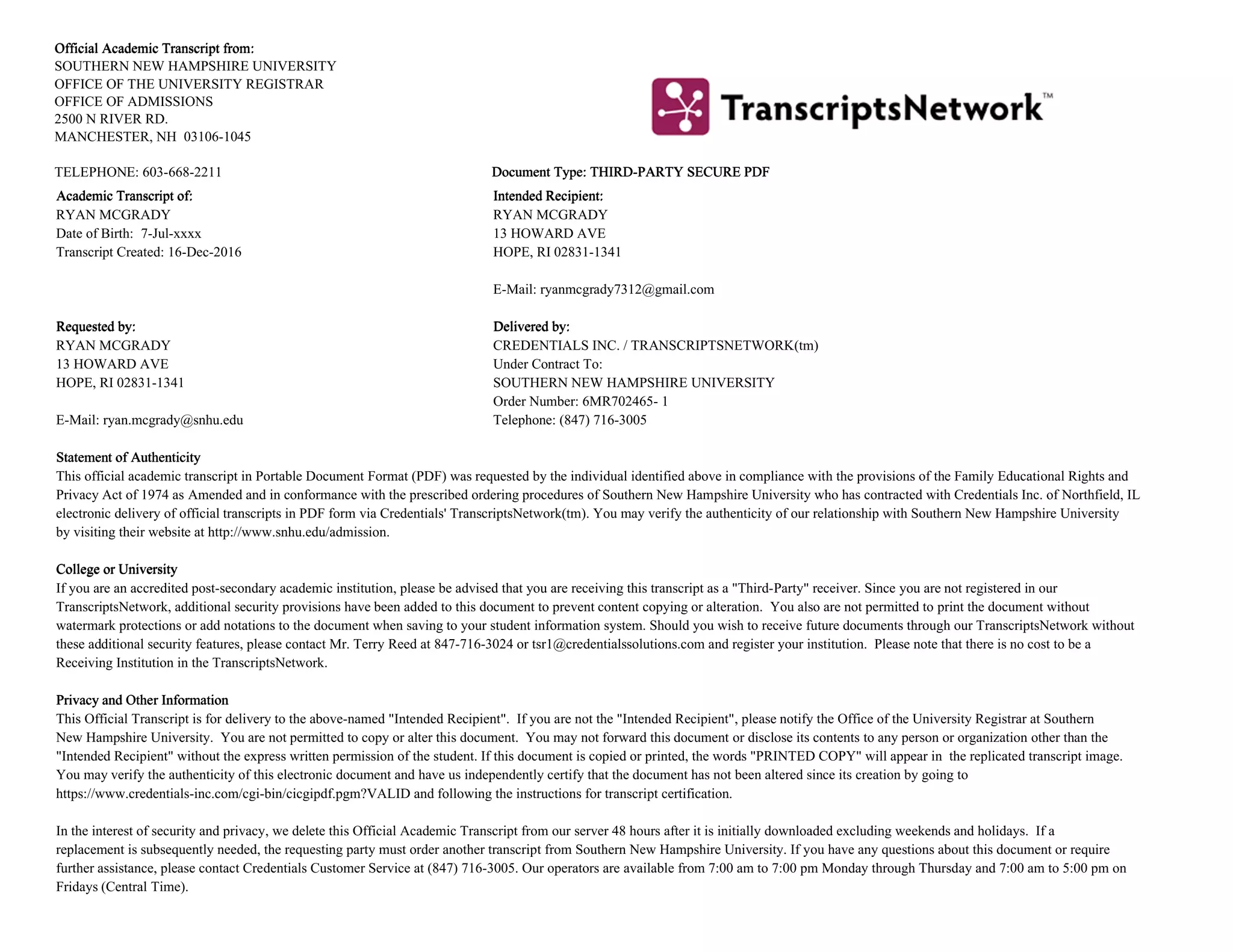 Ryan McGrady Transcripts SNHU 6MR7024651 | PDF