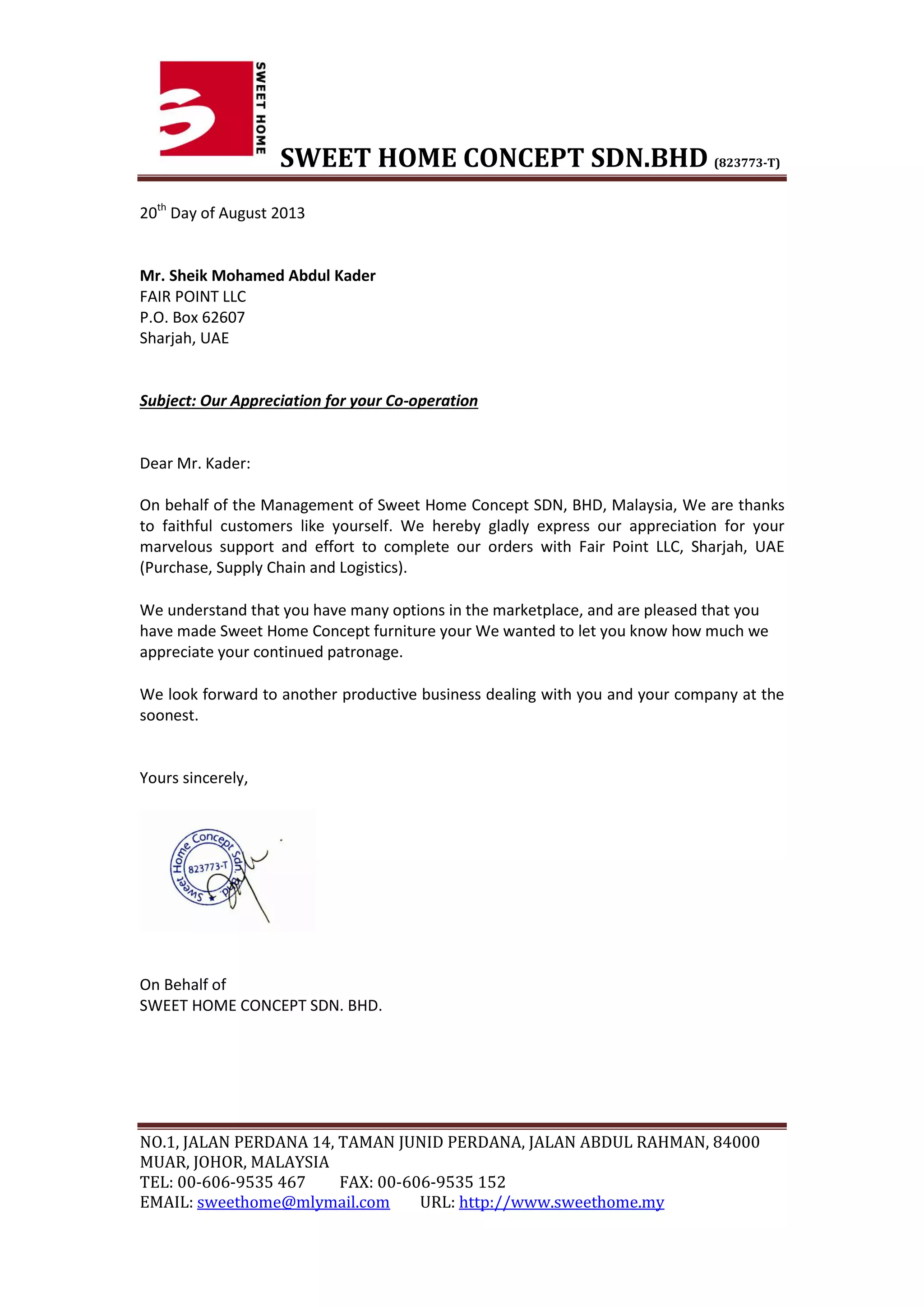 SWEET HOME APPRECIATION LETTER | PDF