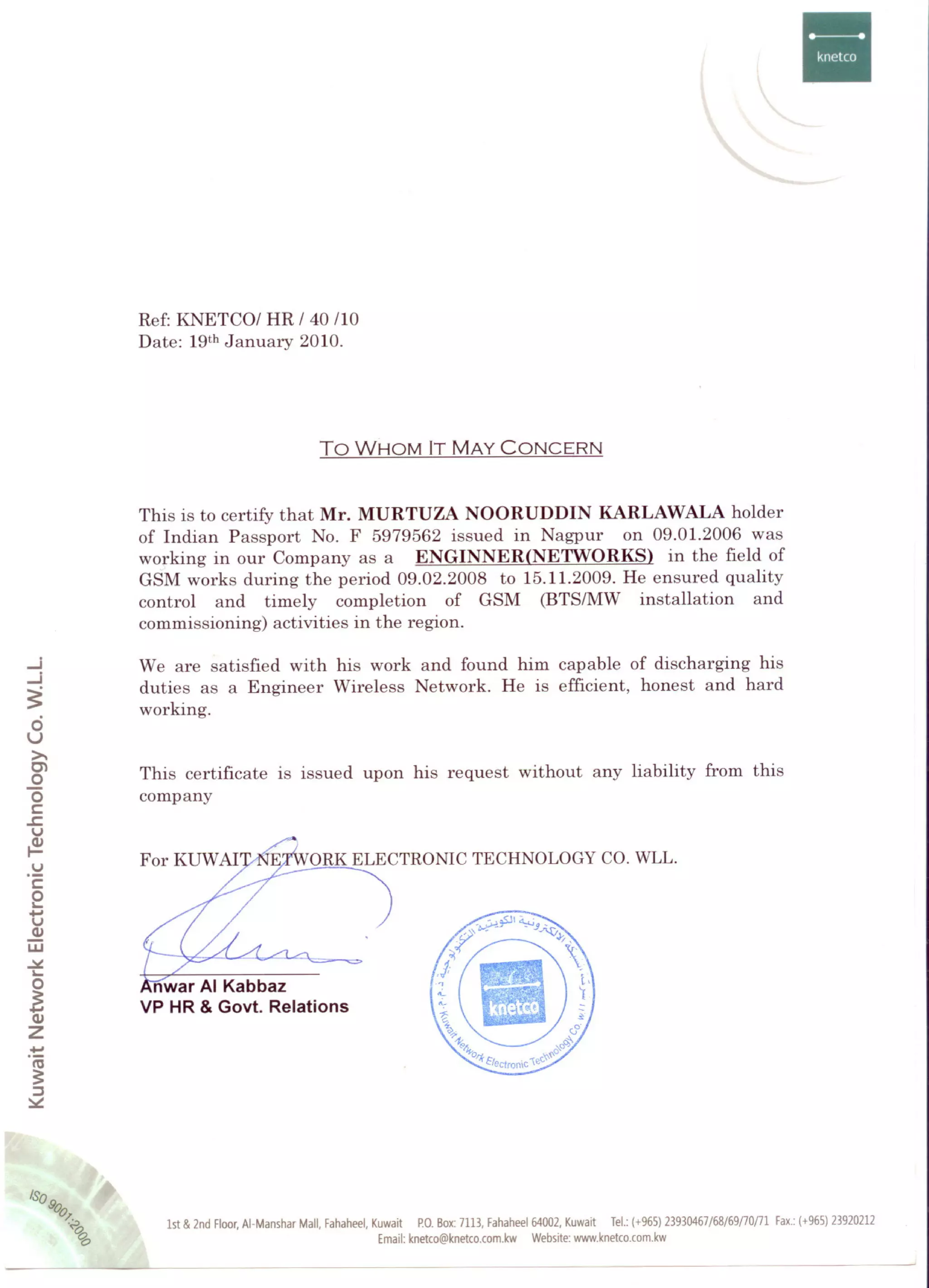 KNETCO EXPERIENCE CERTIFICATE | PDF