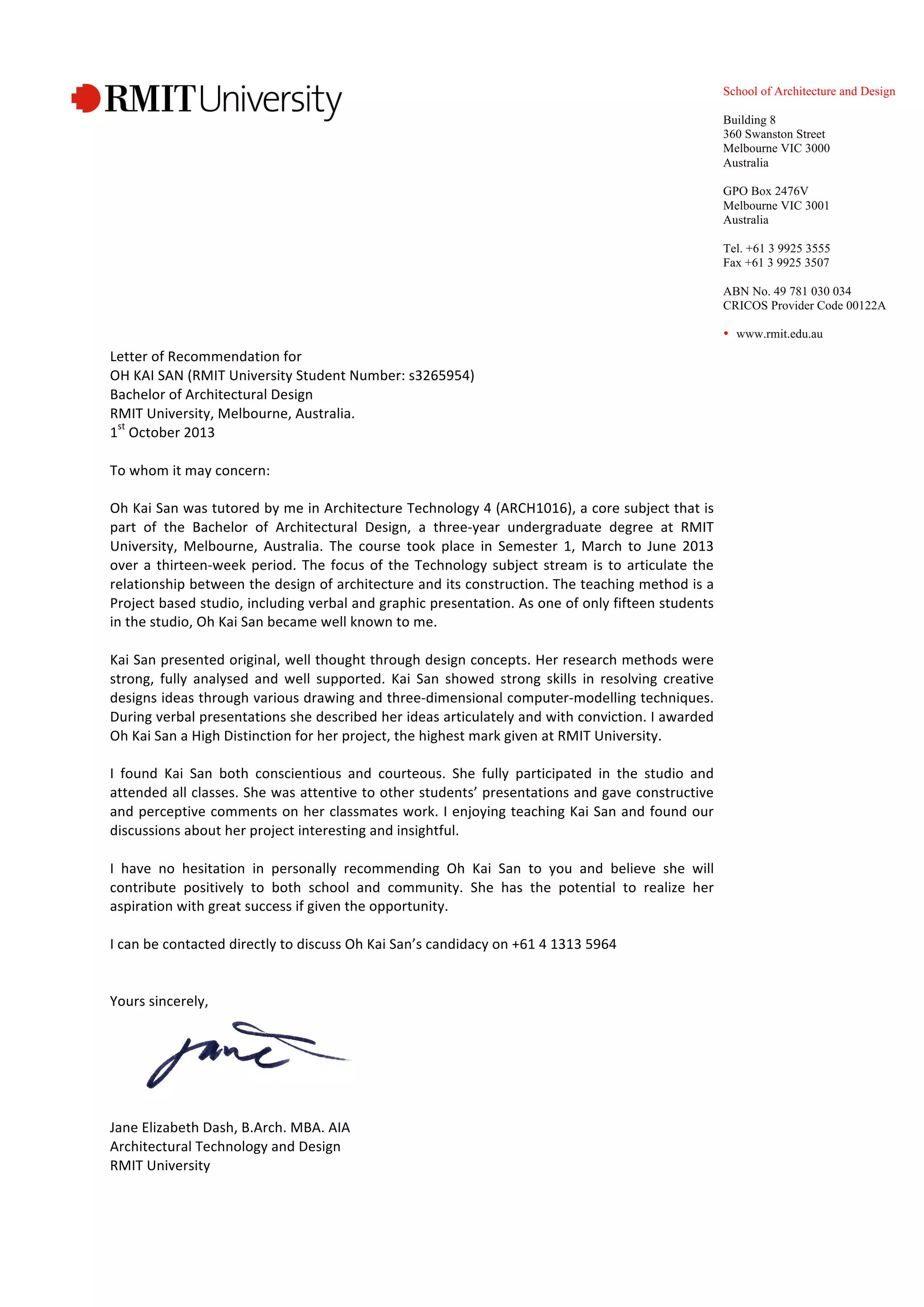 RMIT Recommendation Letter (Jane) | PDF