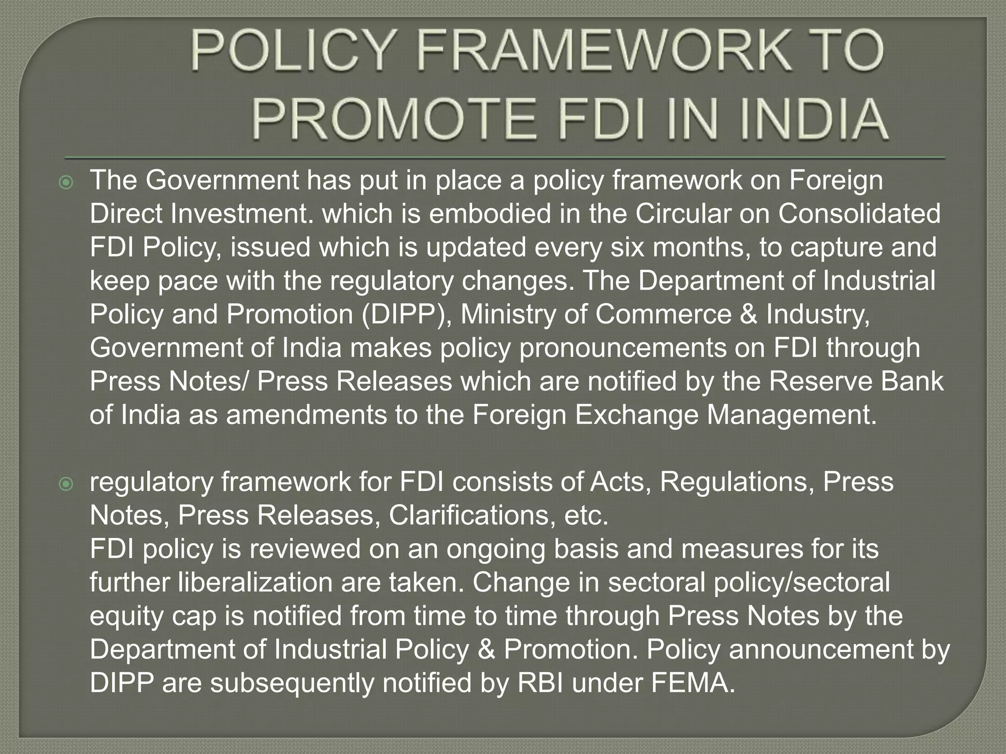 policy framework to promote FDI in India. | PPTX
