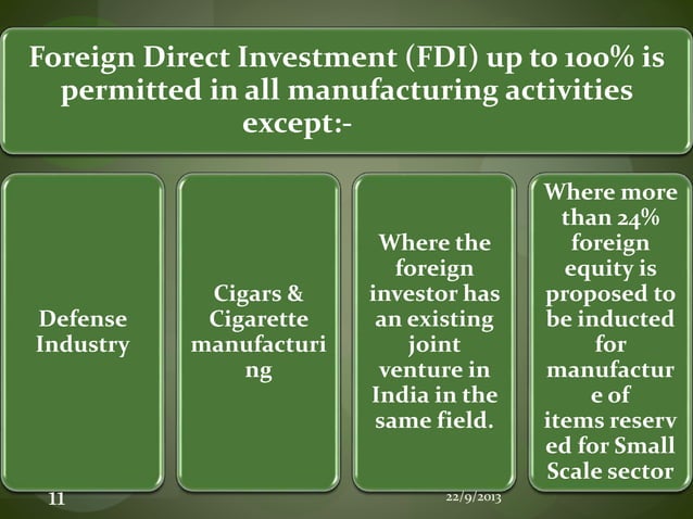 Foreign Direct Investment in India (FDI) | PPTX | Manufacturing ...