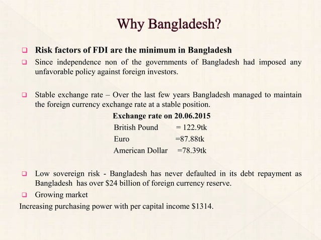 Fdi in bd (Foreign direct investment in Bangladesh) | PPTX | Currencies ...