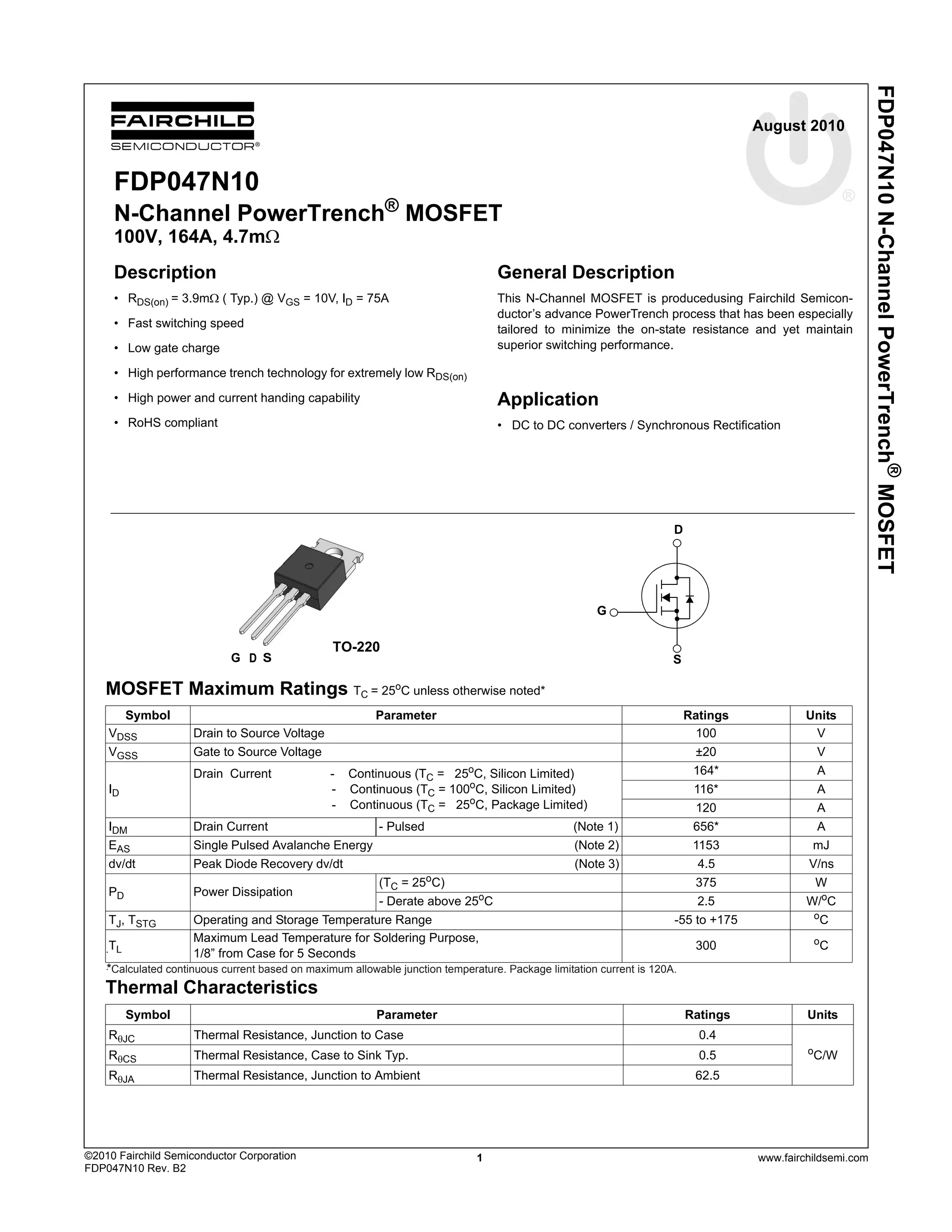 Original MOSFET FDP047N10 047N10 100V 164A TO-220 New Fairchild Semiconductor | PDF