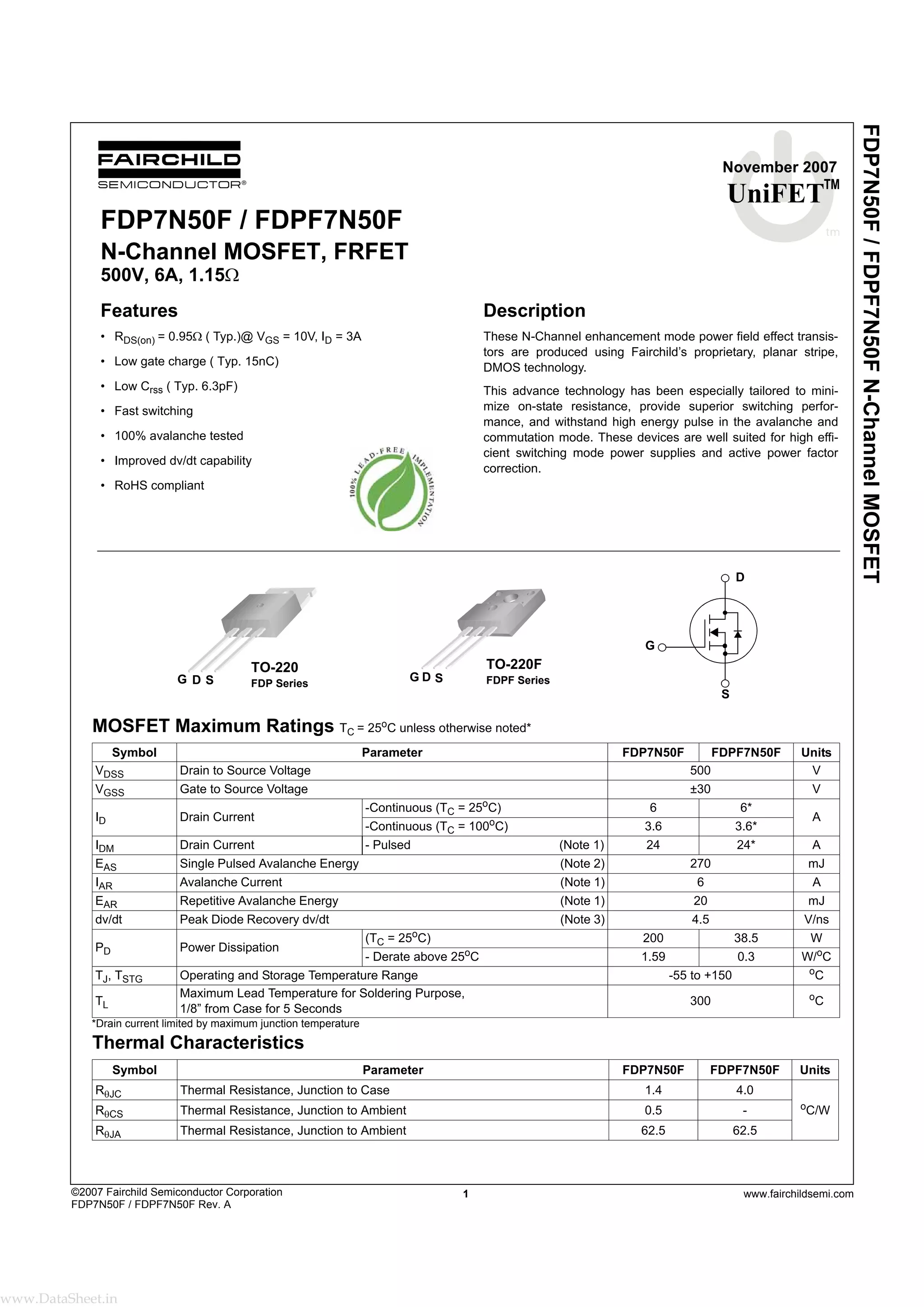 Original MOSFET N-CHANNEL FDPF7N50F 7N50 TO-220 7A 500V New | PDF
