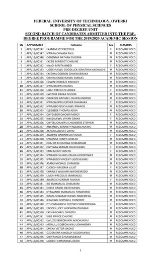 FUTO 2nd Predegree Admission List For 2019/2020 Session | PDF
