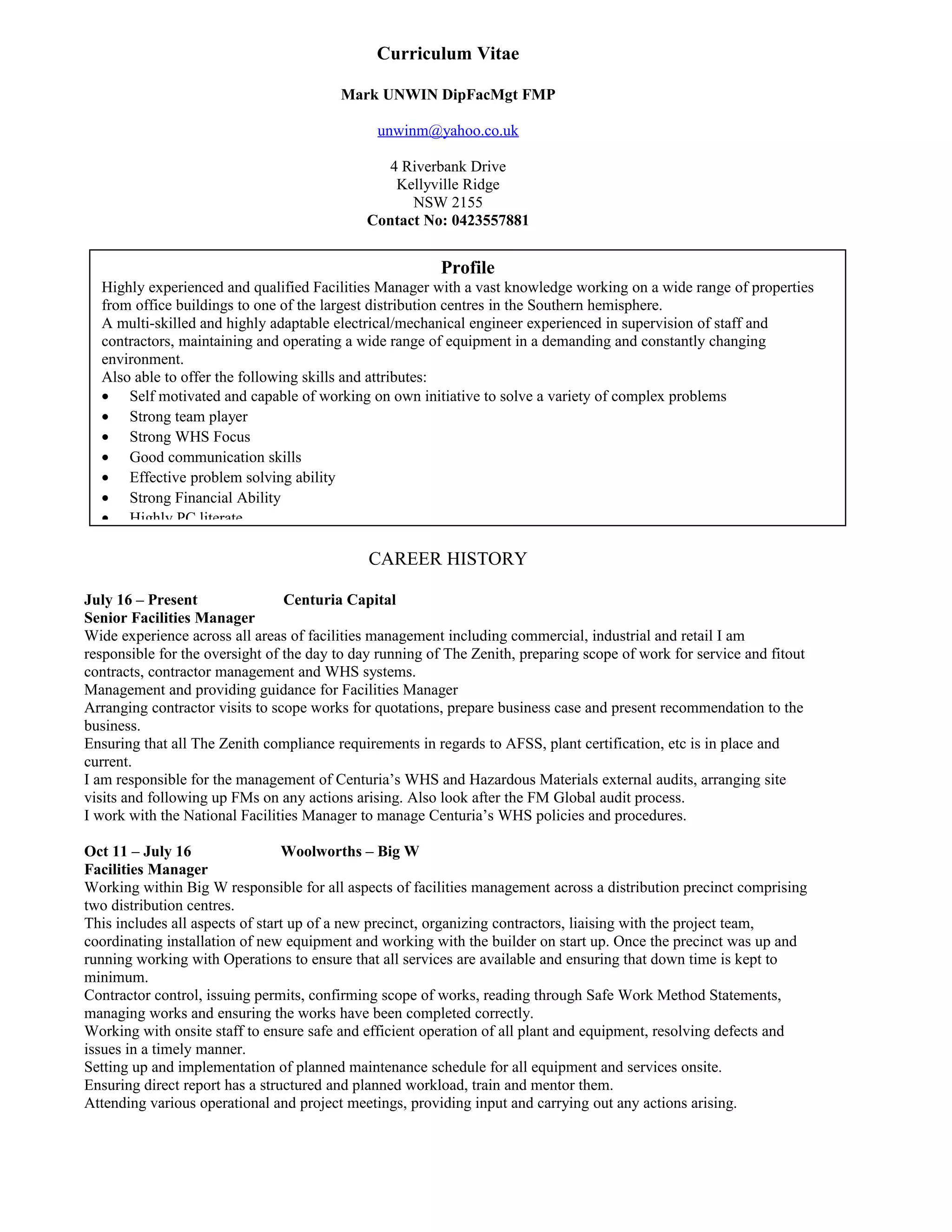 Mark Unwin CV Oct 16 | PDF