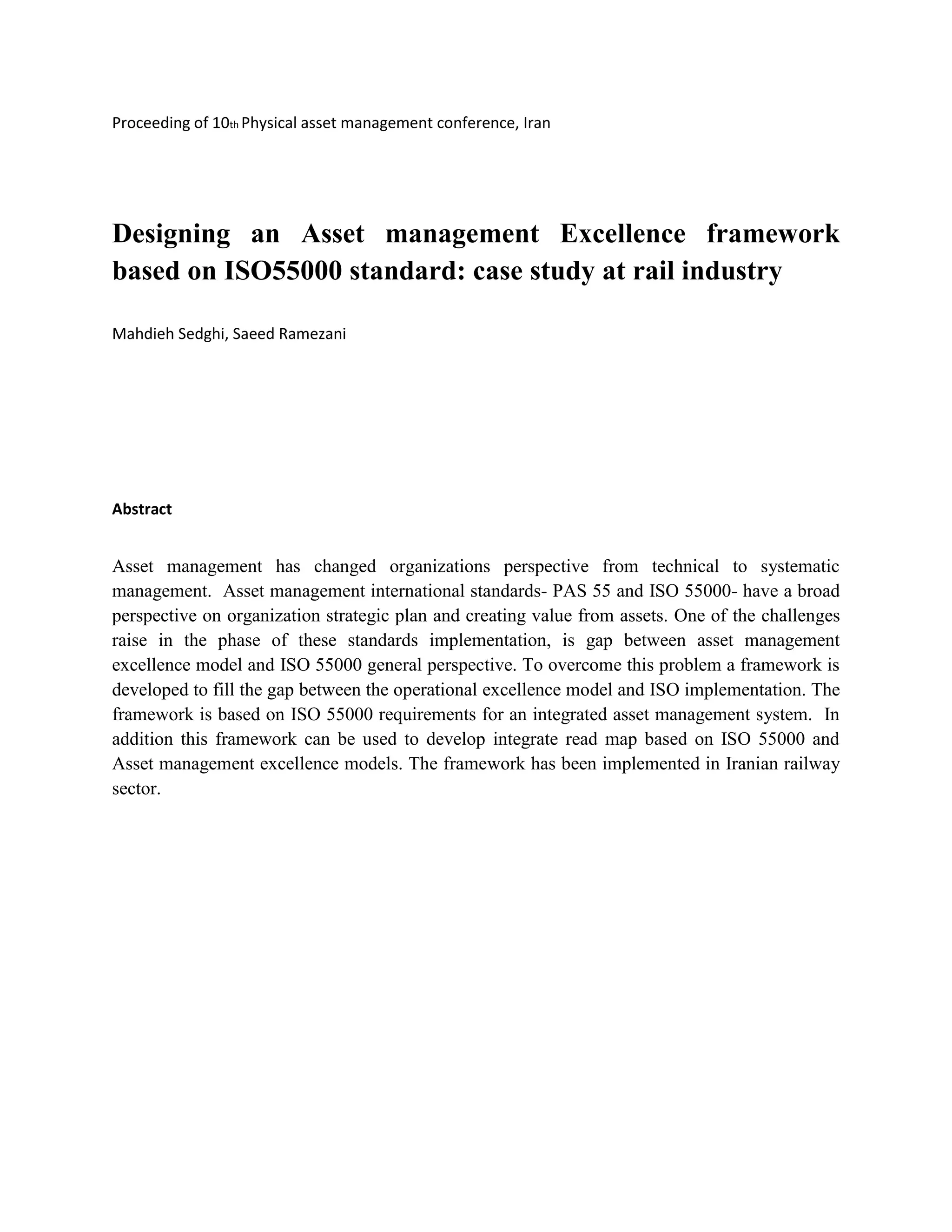 Designing an Asset management Excellence framework based on ISO 55000 Railway case syudy | PDF