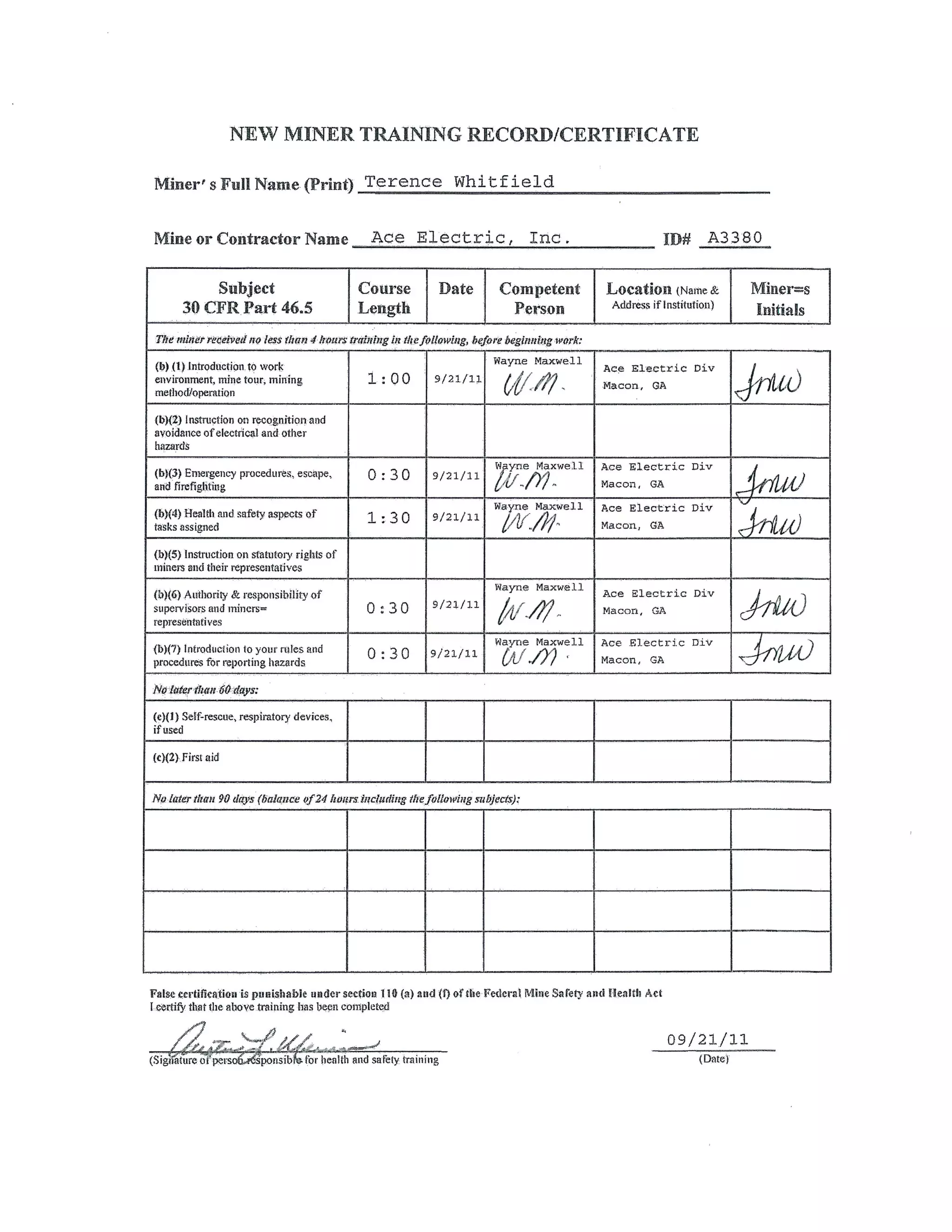 MSHA Training Certificates_Terence Whitfield | PDF