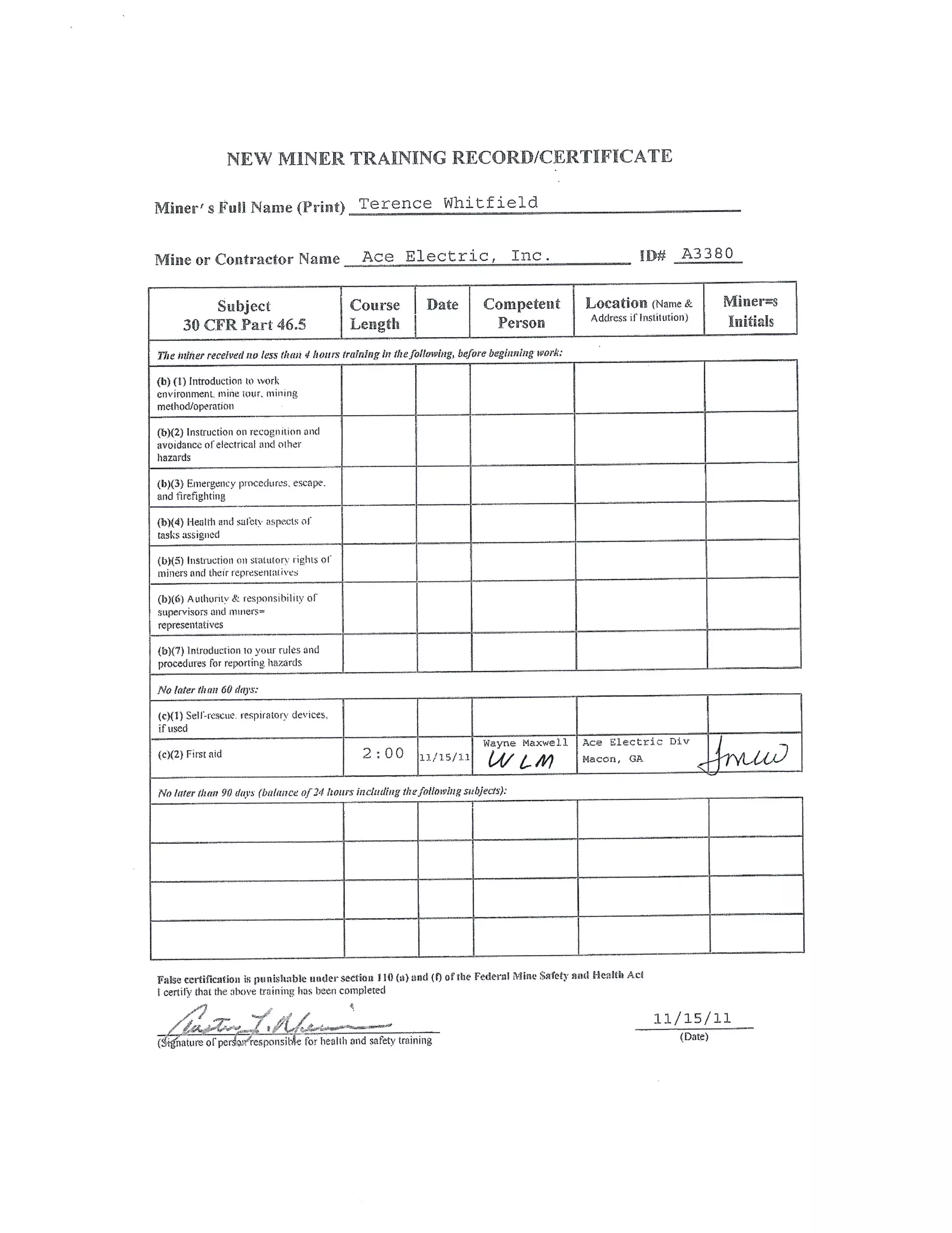 MSHA Training Certificates_Terence Whitfield | PDF