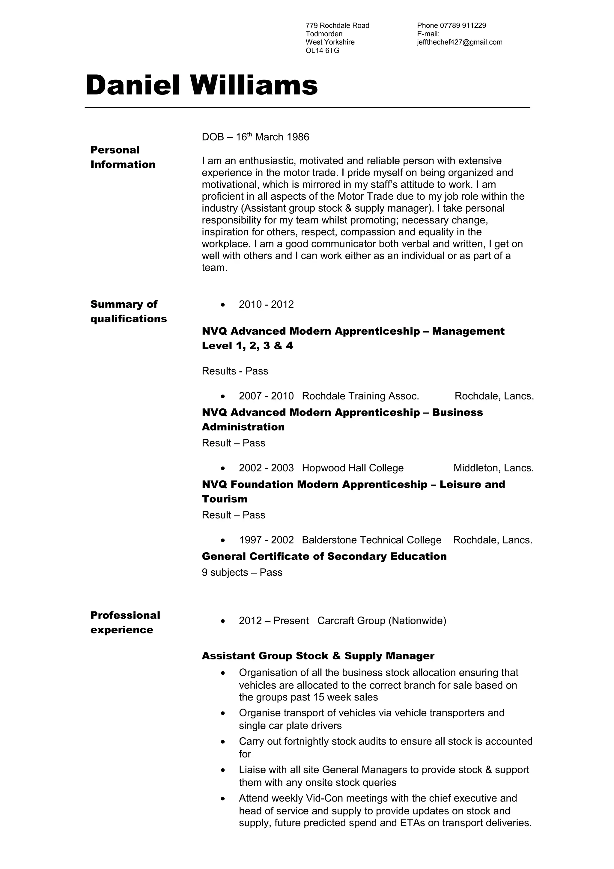 Daniel Williams CV | PDF