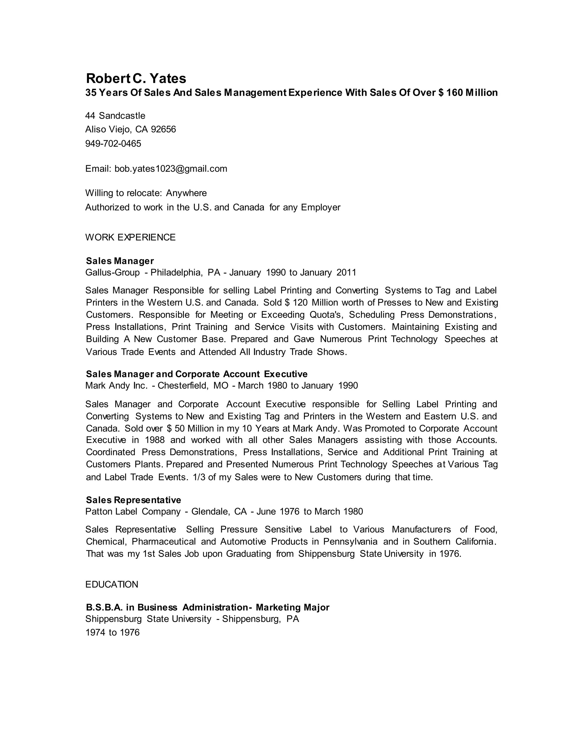 Robert C Yates Resume | DOCX