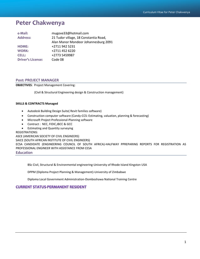 Peter Chakwenya Curriculum Vitae | PDF