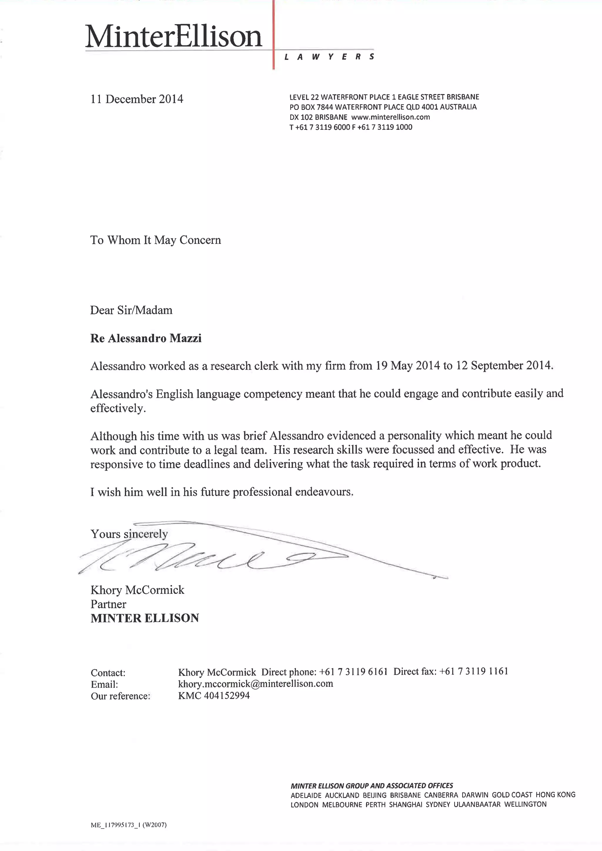 Letter of Reference - Alessandro Mazzi Minter Ellison | PDF