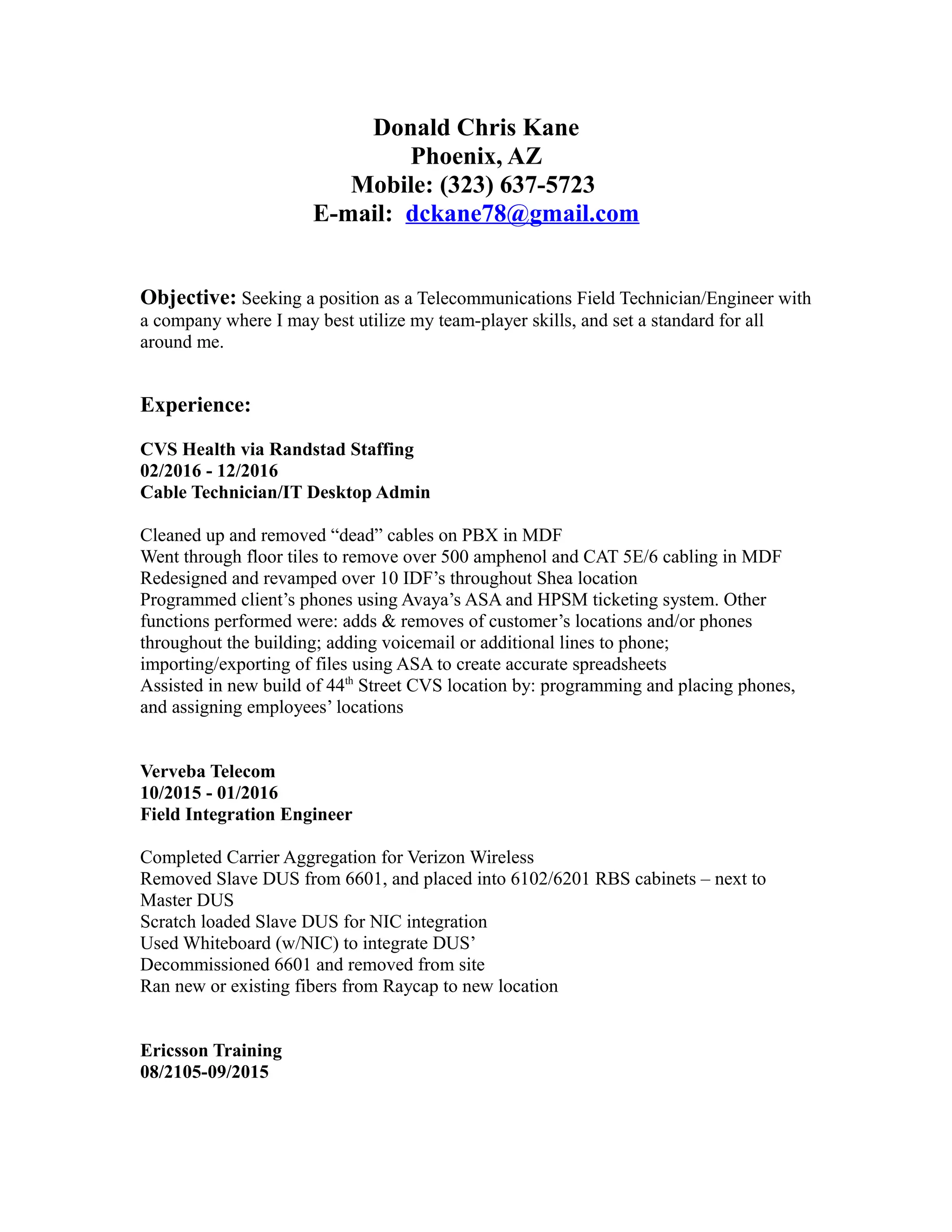 Donald resume new | DOC | Telecommunications Industry | Industries