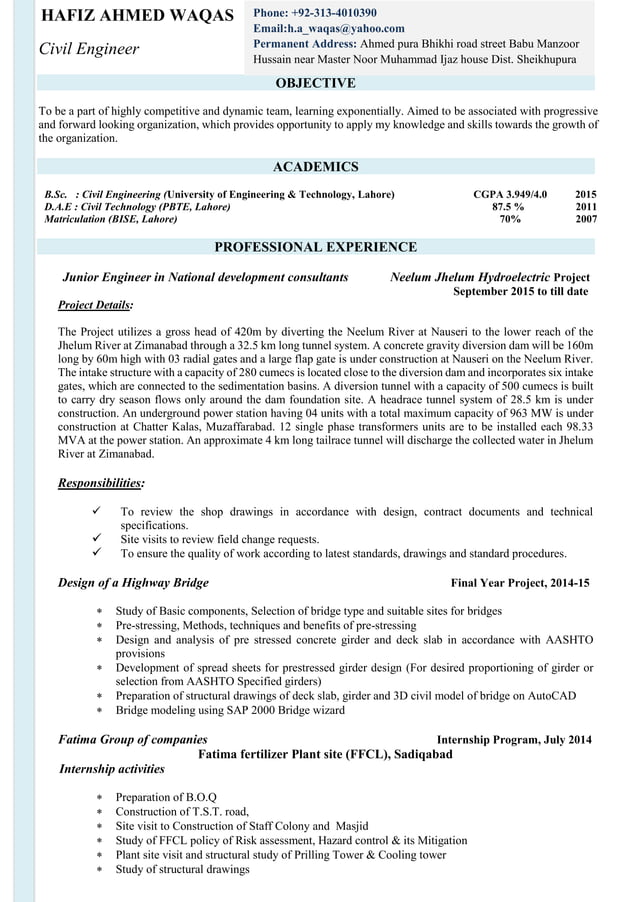 Hafiz Ahmed Waqas Resume | PDF | Civil Engineering Industry | Industries