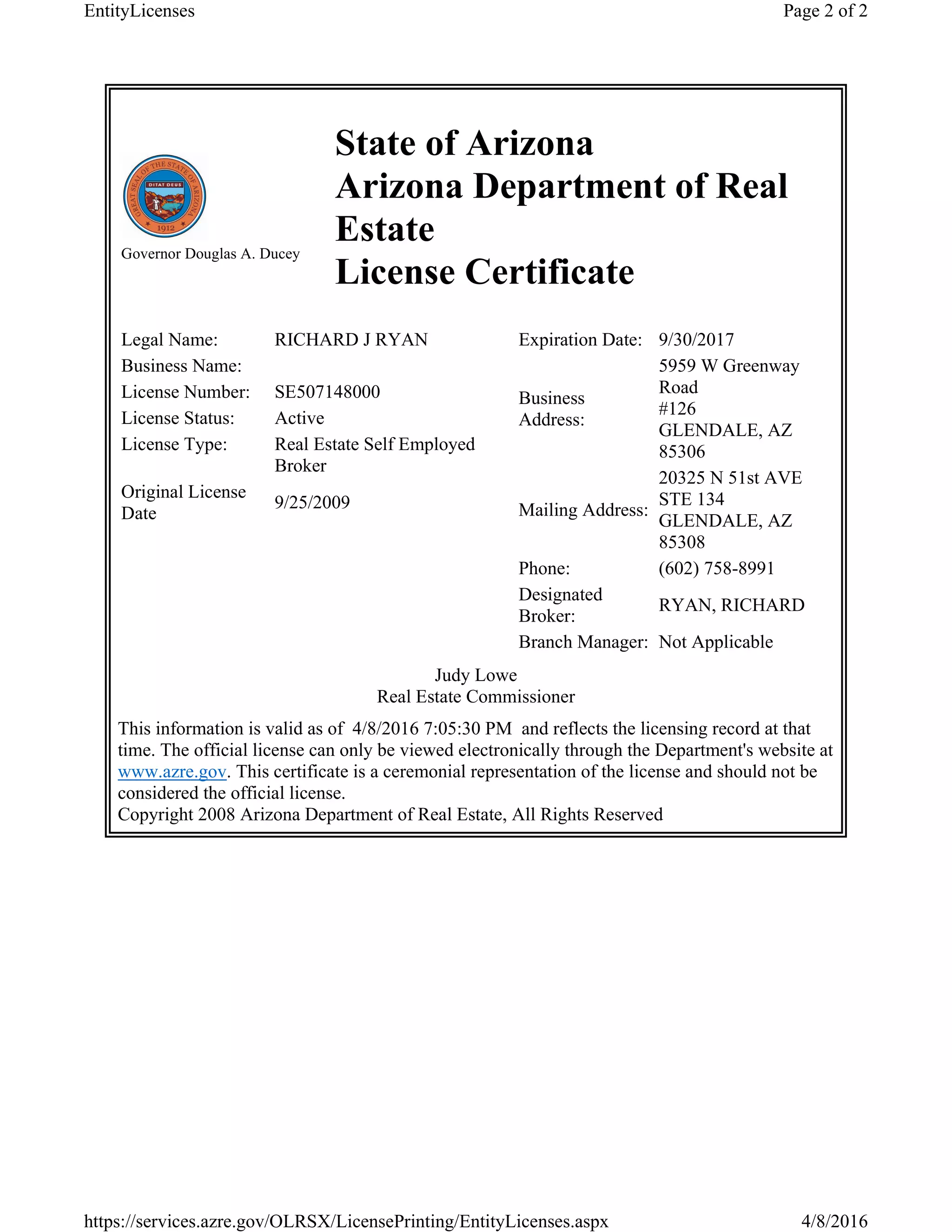 Arizona Real Estate Entity License | PDF | Free Download