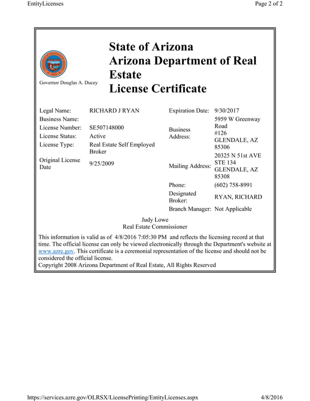 Arizona Real Estate Entity License | PDF