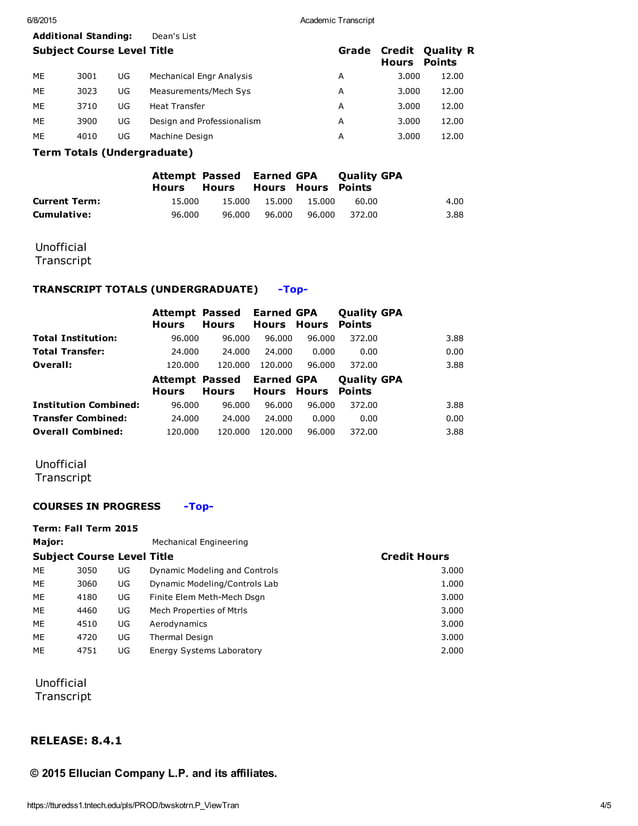 Unofficial Academic Transcript | PDF