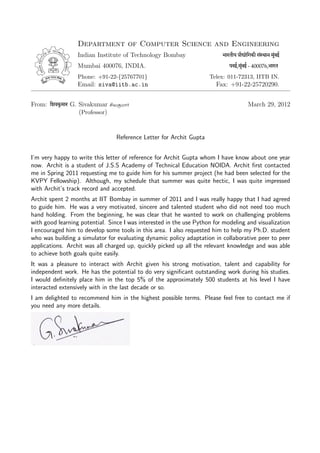 recommendation letter - prof. G Sivakumar, H.O.D. cfdvs, IIT BOMBAY | PDF