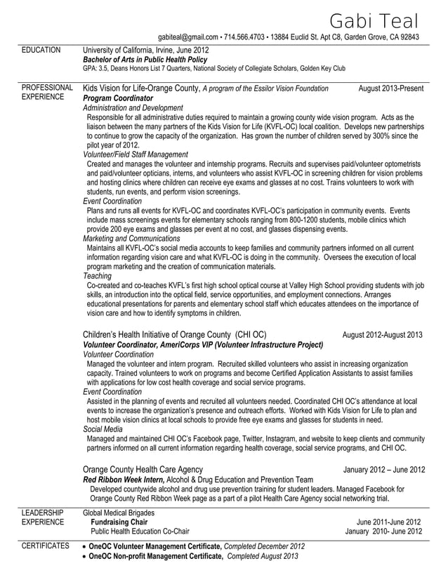 Resume-Gabi Teal 12-2014 | PDF | Eye and Vision Conditions | Diseases ...