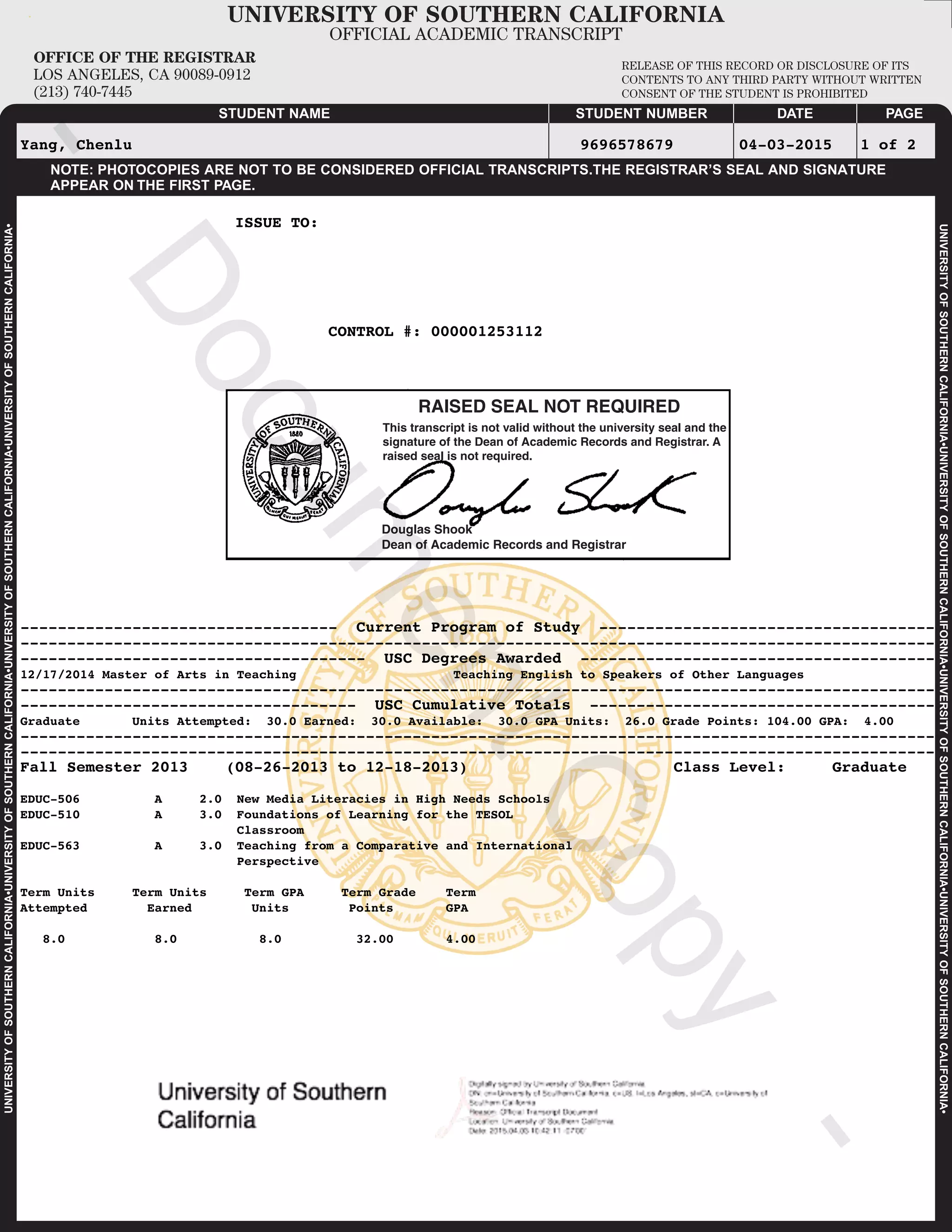 Chenlu Yang_USC ElectronicTranscript | PDF
