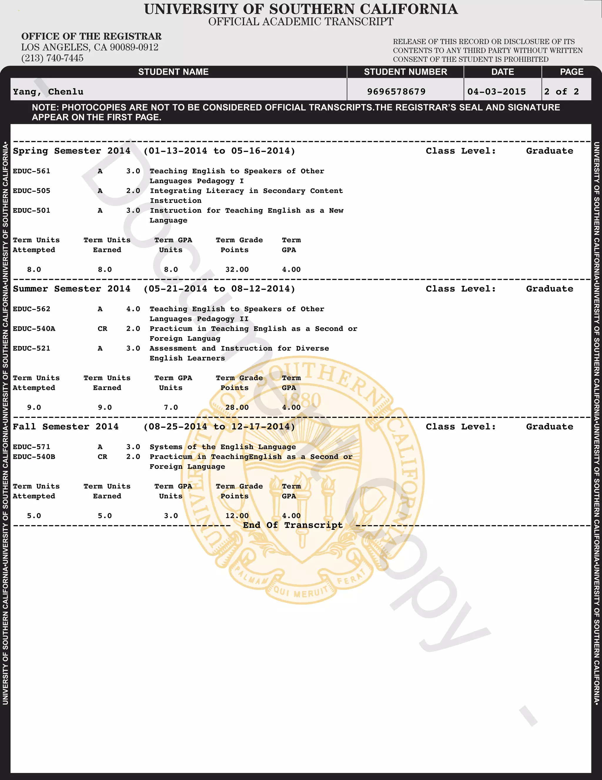 Chenlu Yang_USC ElectronicTranscript | PDF