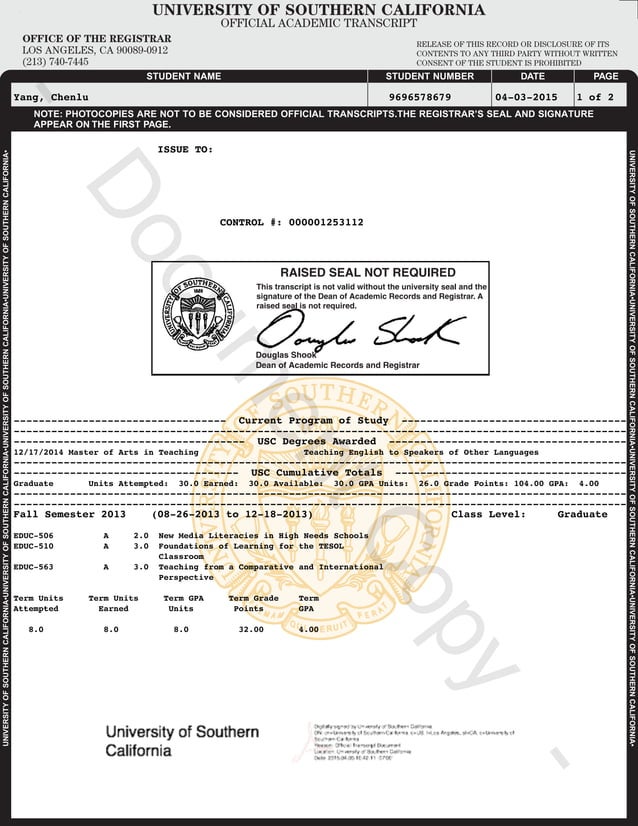Chenlu Yang_USC ElectronicTranscript | PDF