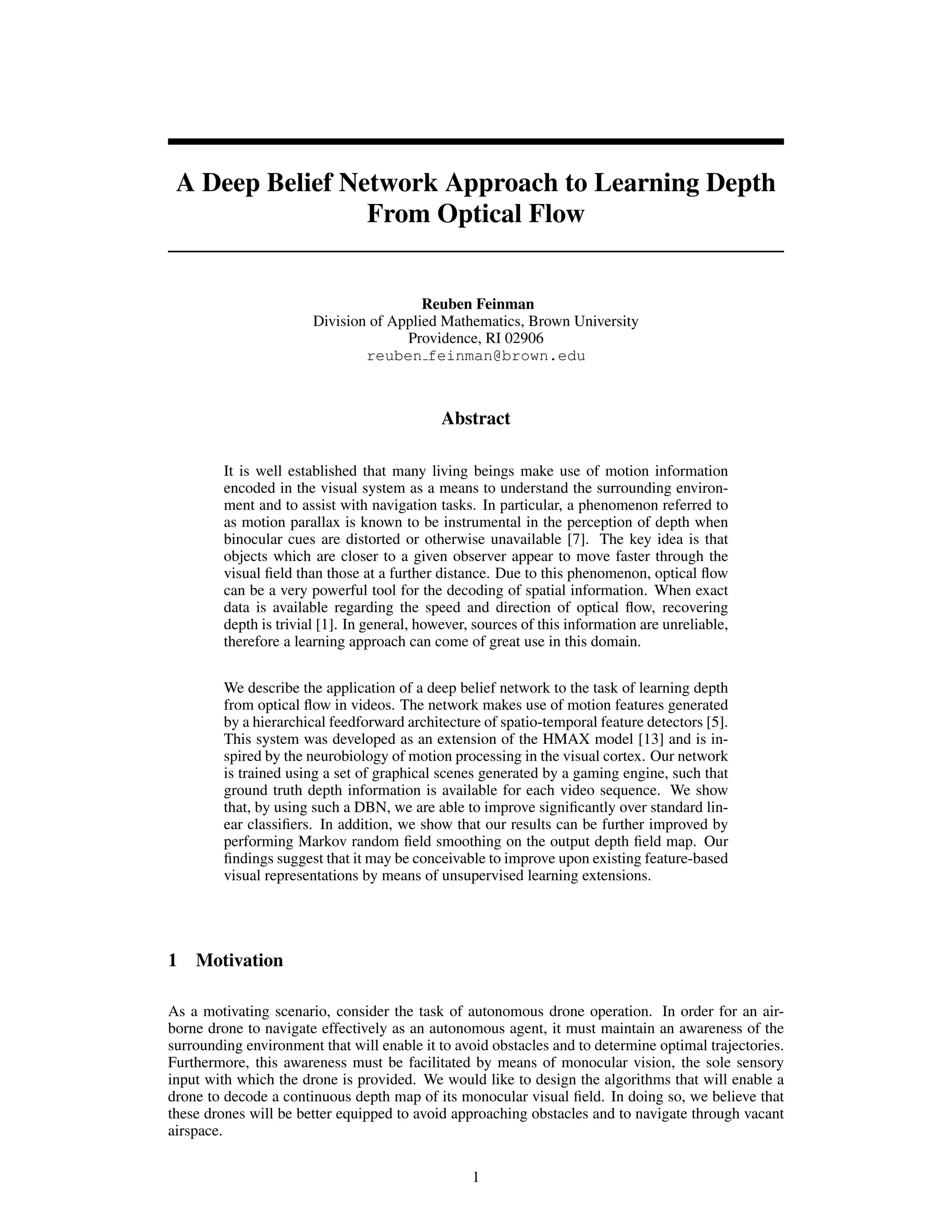 A Deep Belief Network Approach to Learning Depth from Optical Flow | PDF
