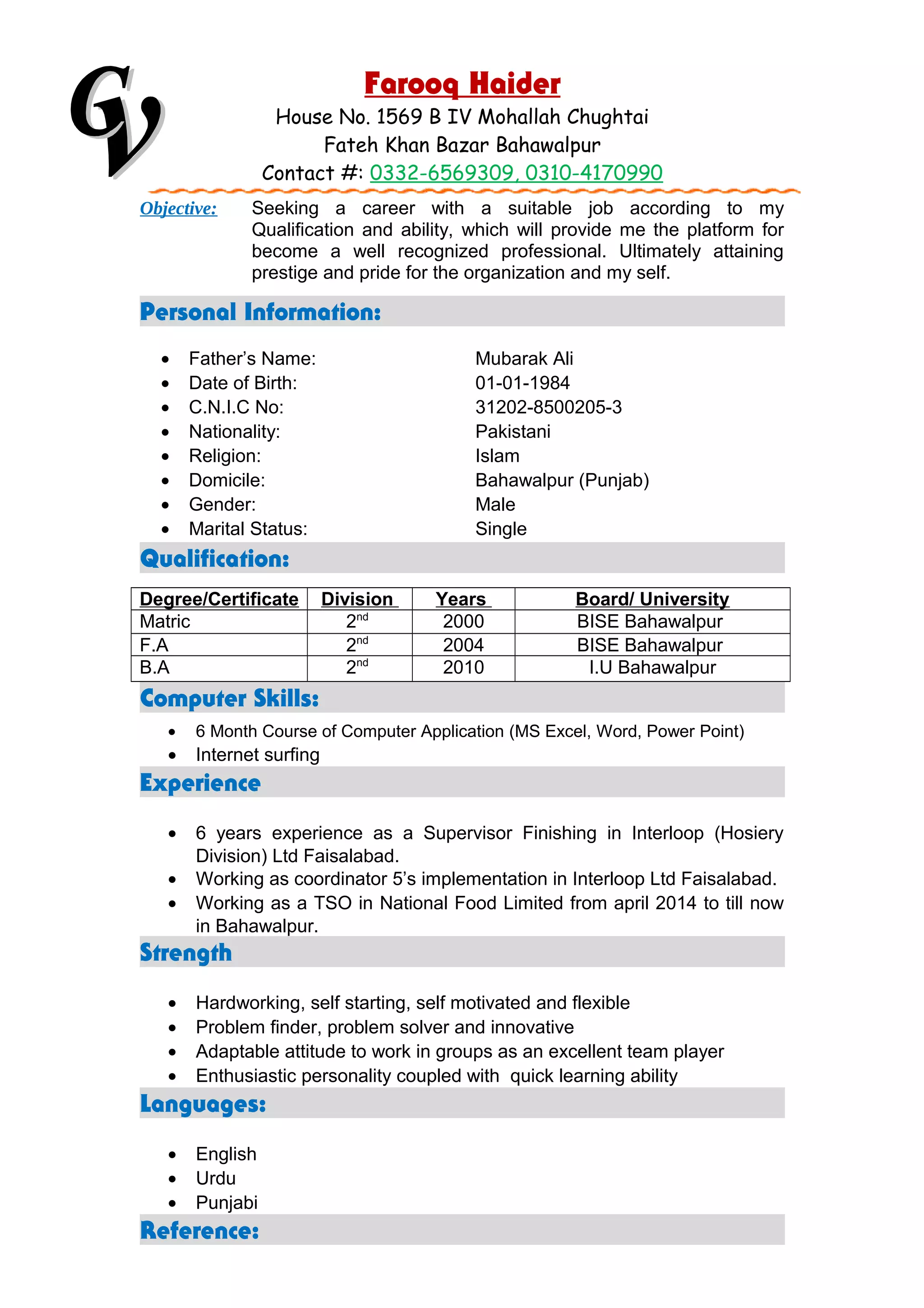 farooq haider c.v (1) | DOC
