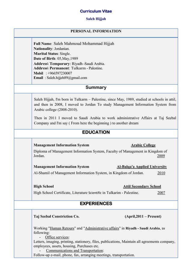 C.V Saleh Hijjah | PDF