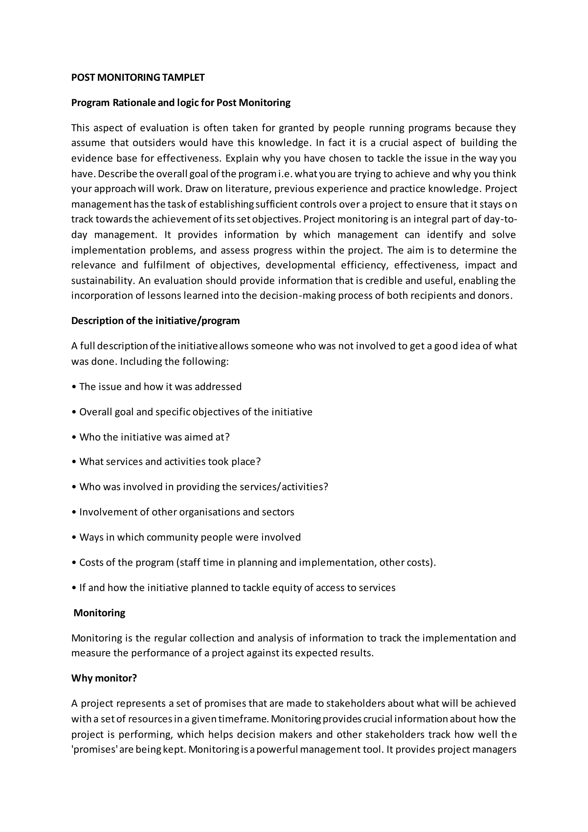 Program Rationale and Logic for Post Monitoring | PDF