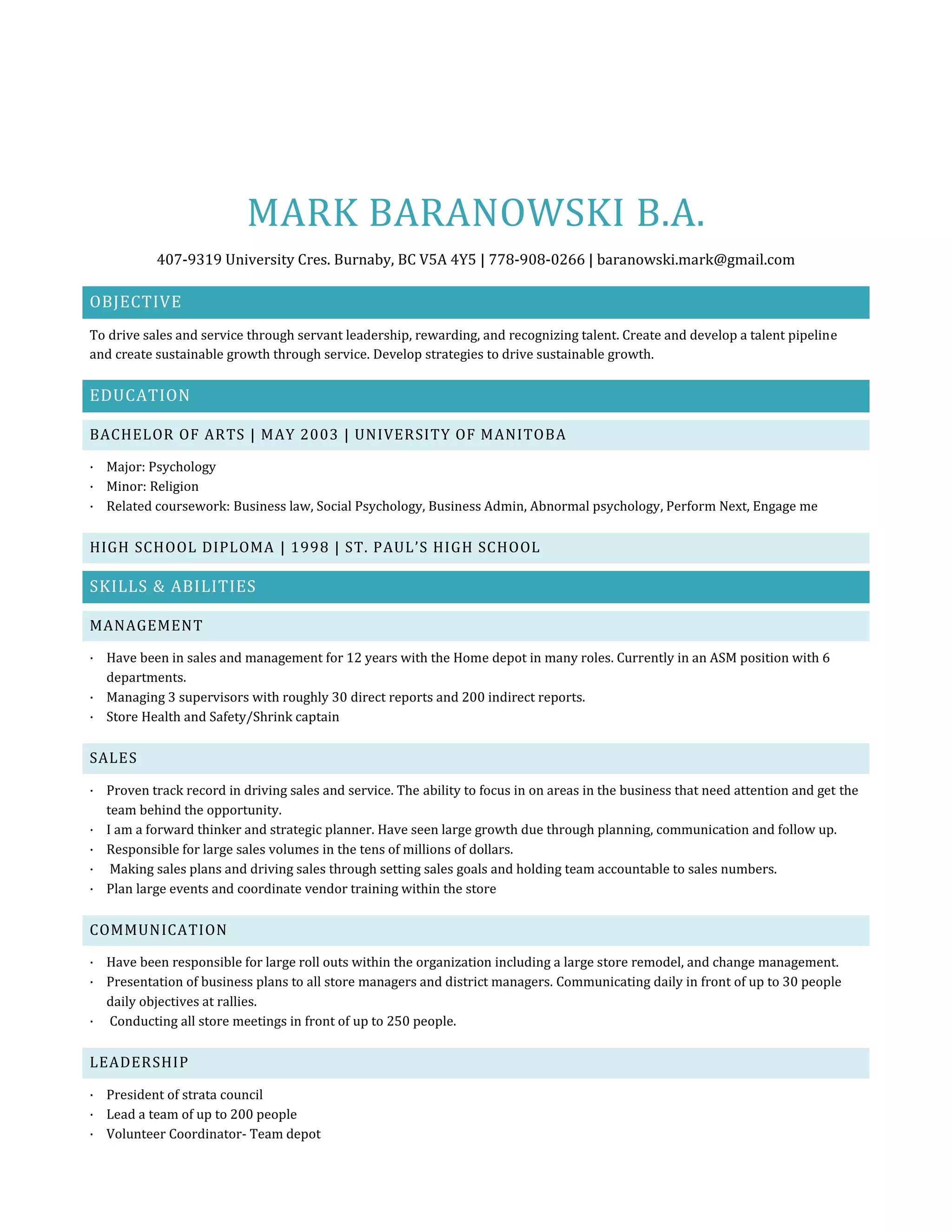 mark baranowski resume 2 | PDF | Sales | Business