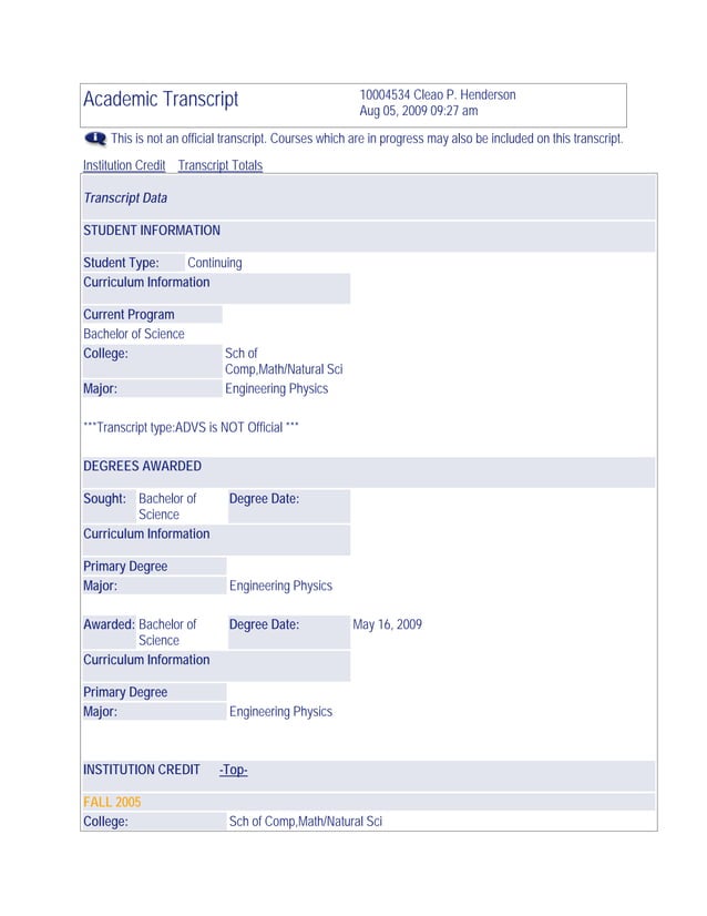 Morgan State U_Unofficial Transcript | PDF
