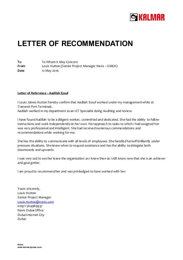 Letter of Recommendation - Aadilah Essuf