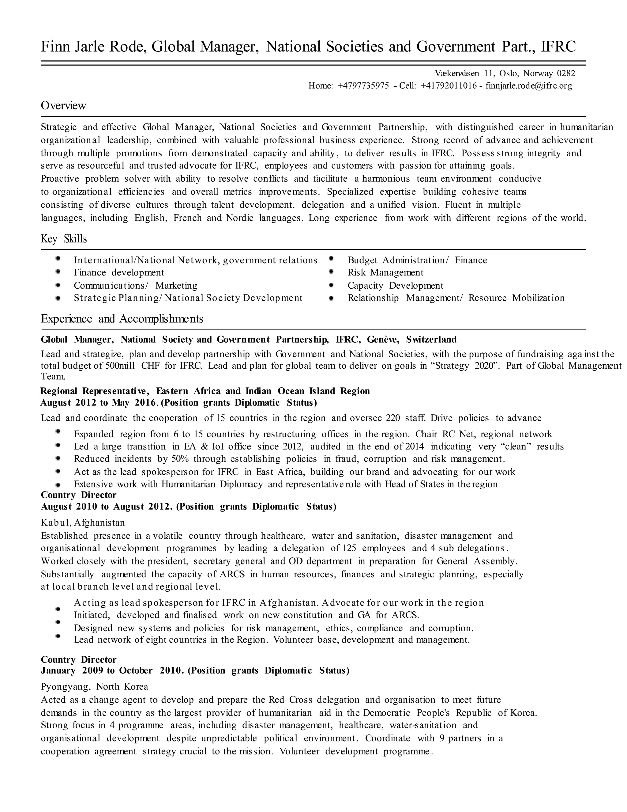 Executive Resume for Finn Jarle Rode | DOCX