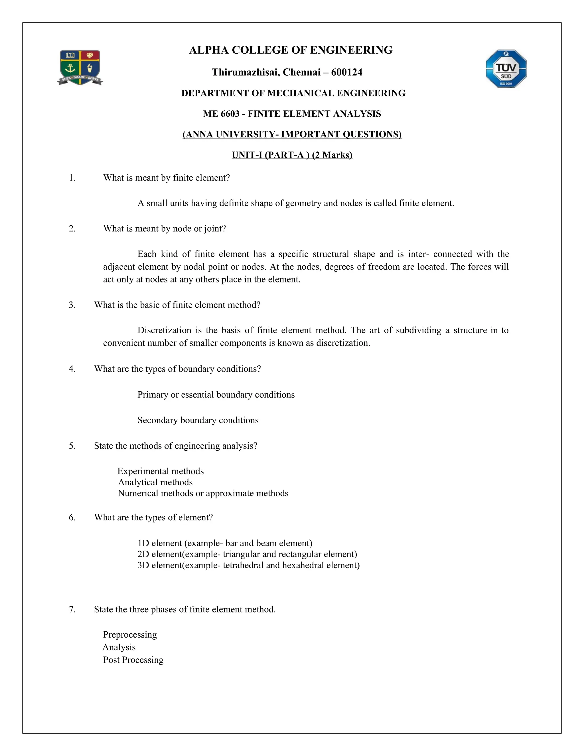FEA - UNIT WISE - QUESTION BANK (PART A & B) & Unit wise -Important ...