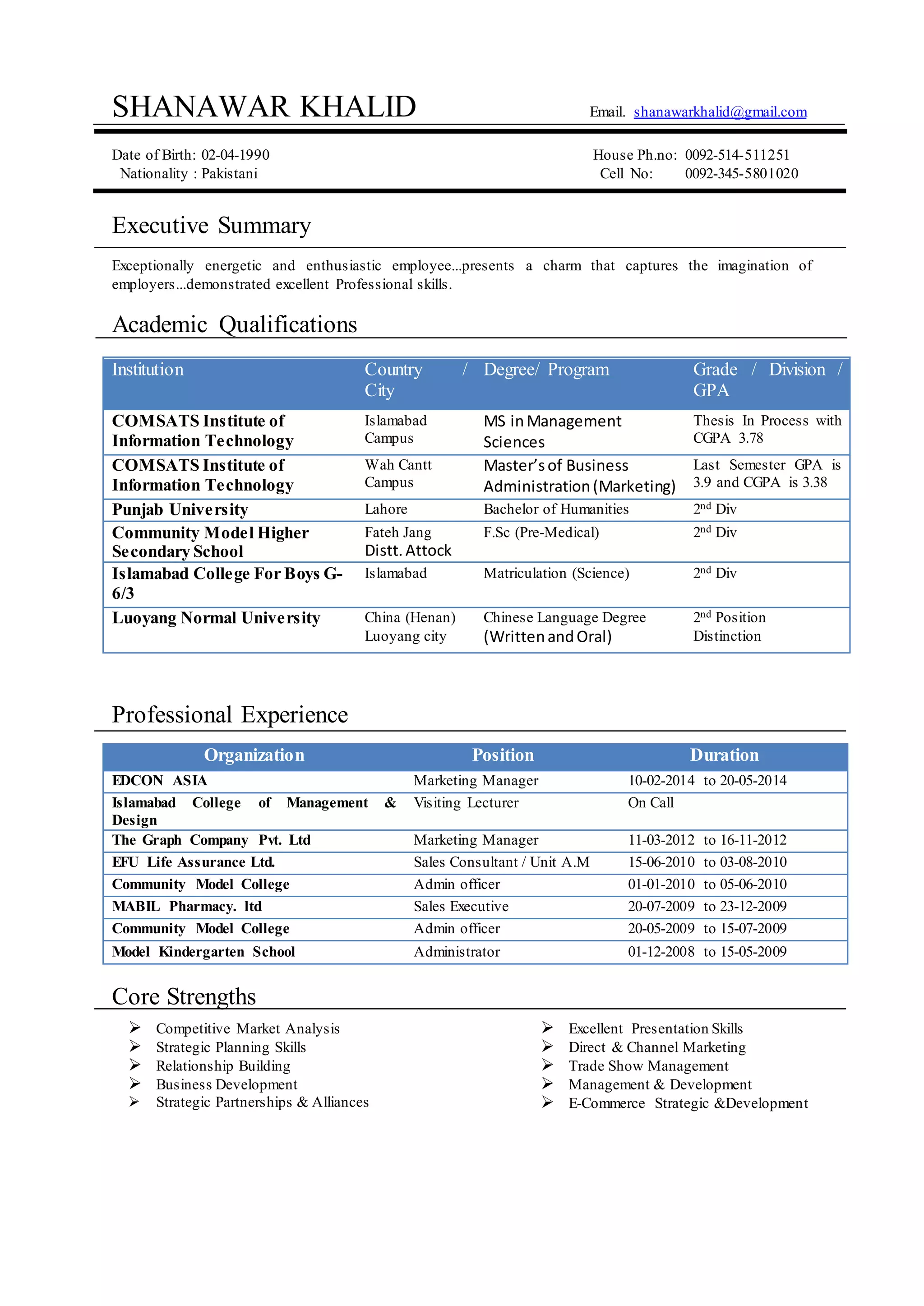 SHANAWAR KHALID CV Detail | DOCX | Business Administration | Business