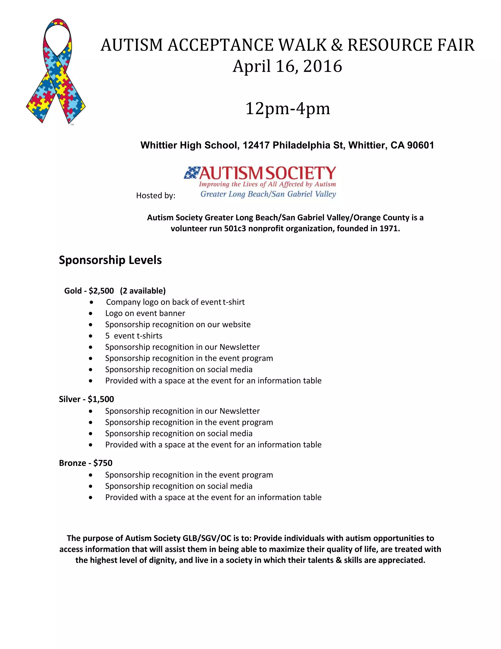 2016 Autism Acceptance Walk Sponsorship | PDF