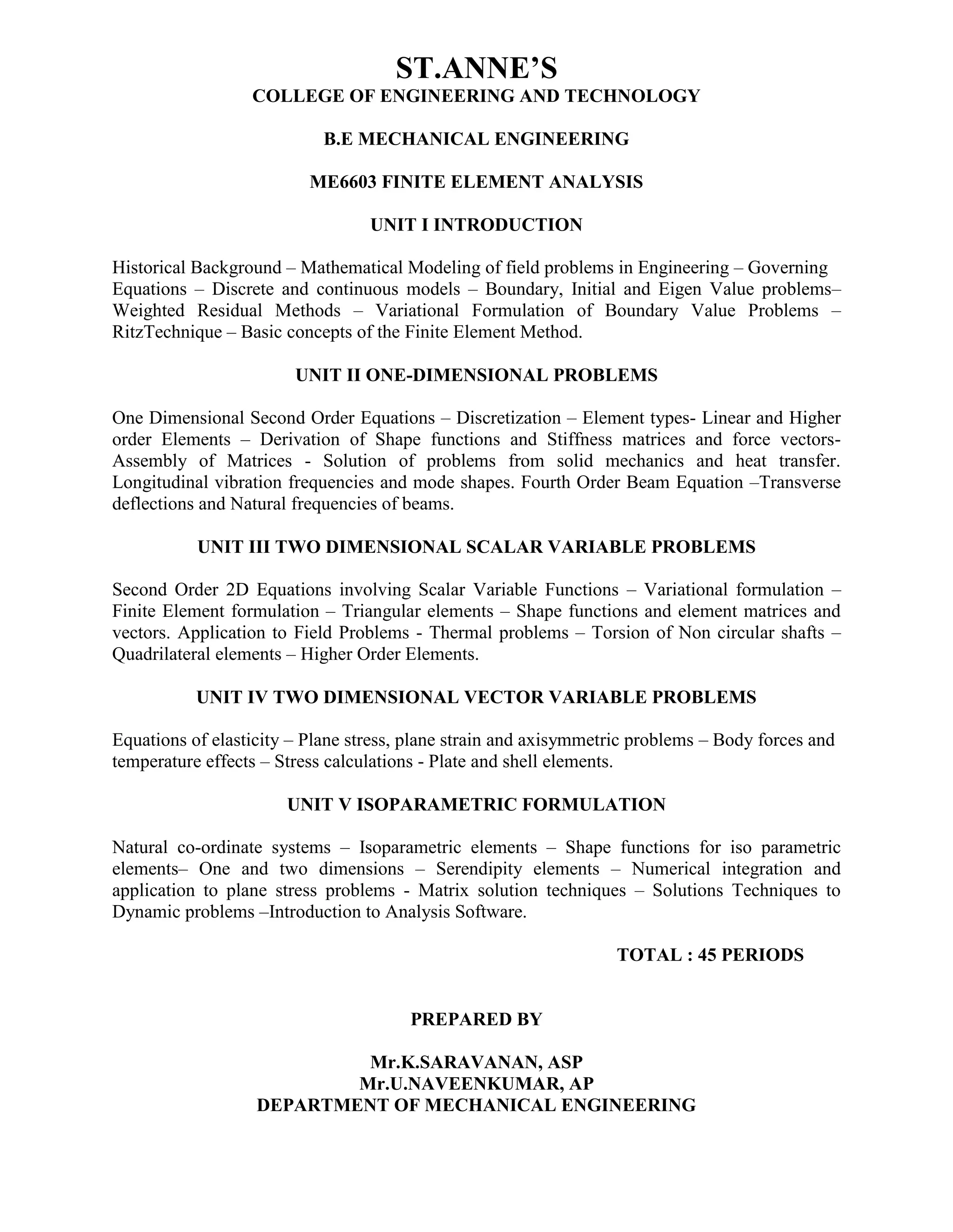 Finite Element Analysis Lecture Notes Anna University 2013 Regulation ...