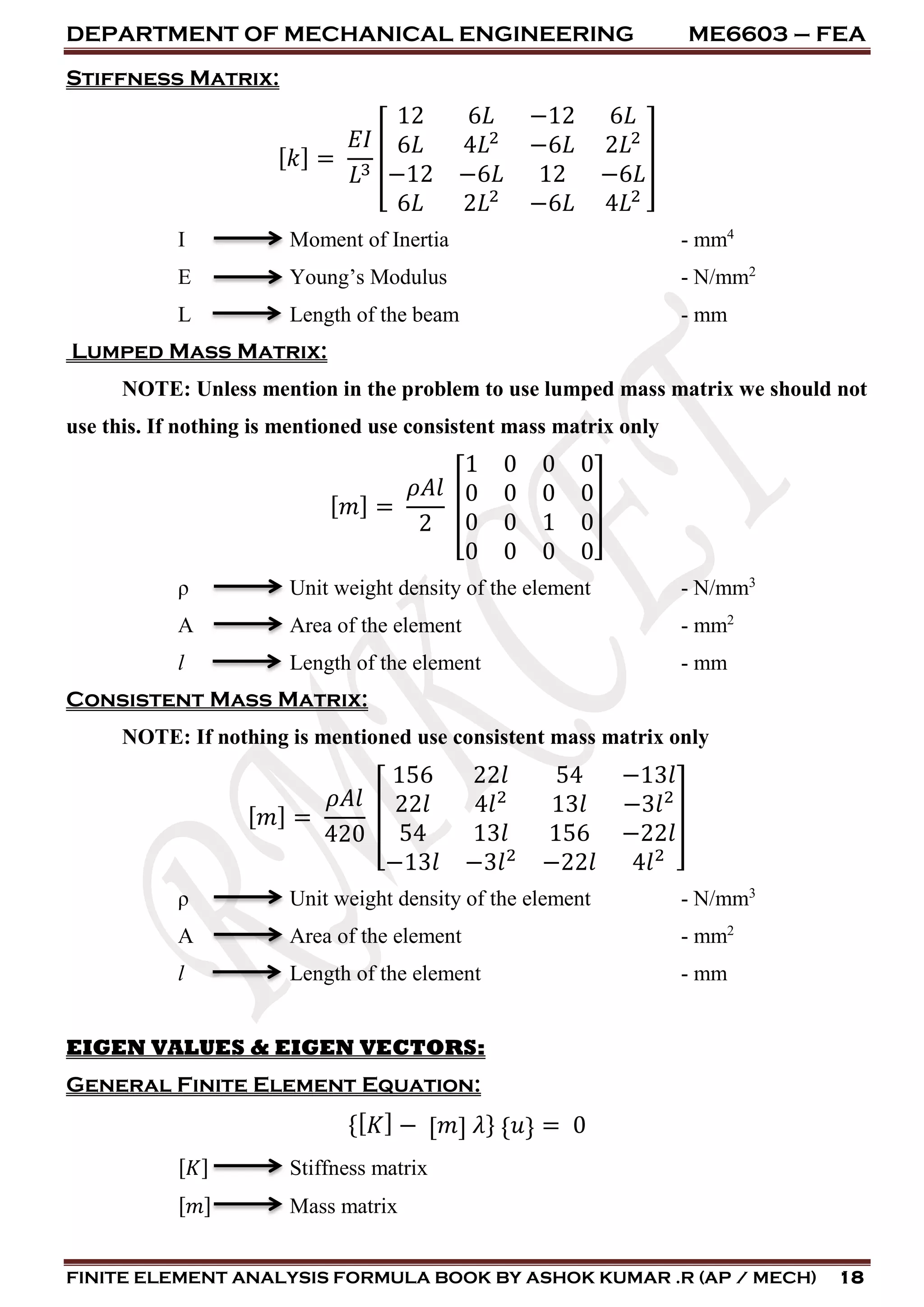 ME6603 - FINITE ELEMENT ANALYSIS FORMULA BOOK | PDF