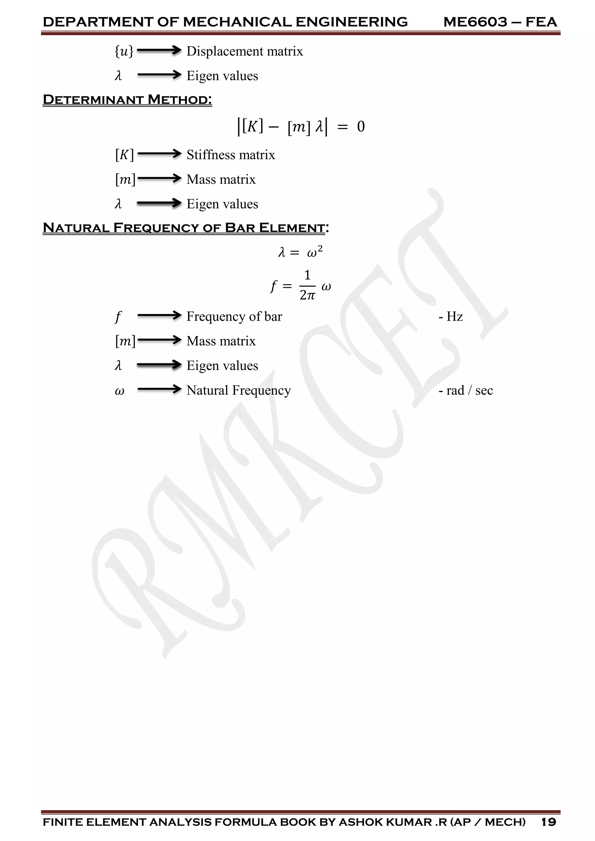 ME6603 - FINITE ELEMENT ANALYSIS FORMULA BOOK | PDF