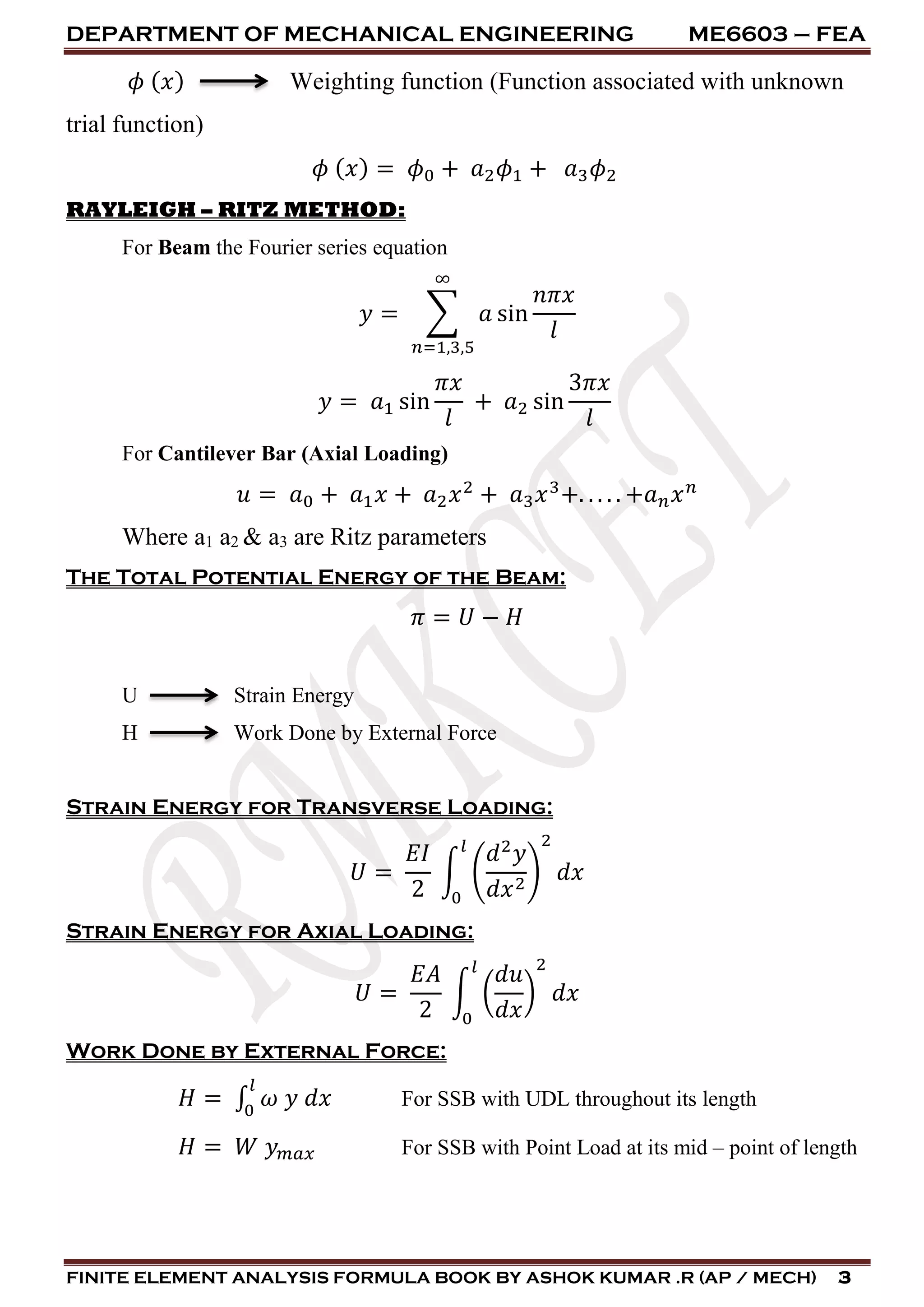ME6603 - FINITE ELEMENT ANALYSIS FORMULA BOOK | PDF