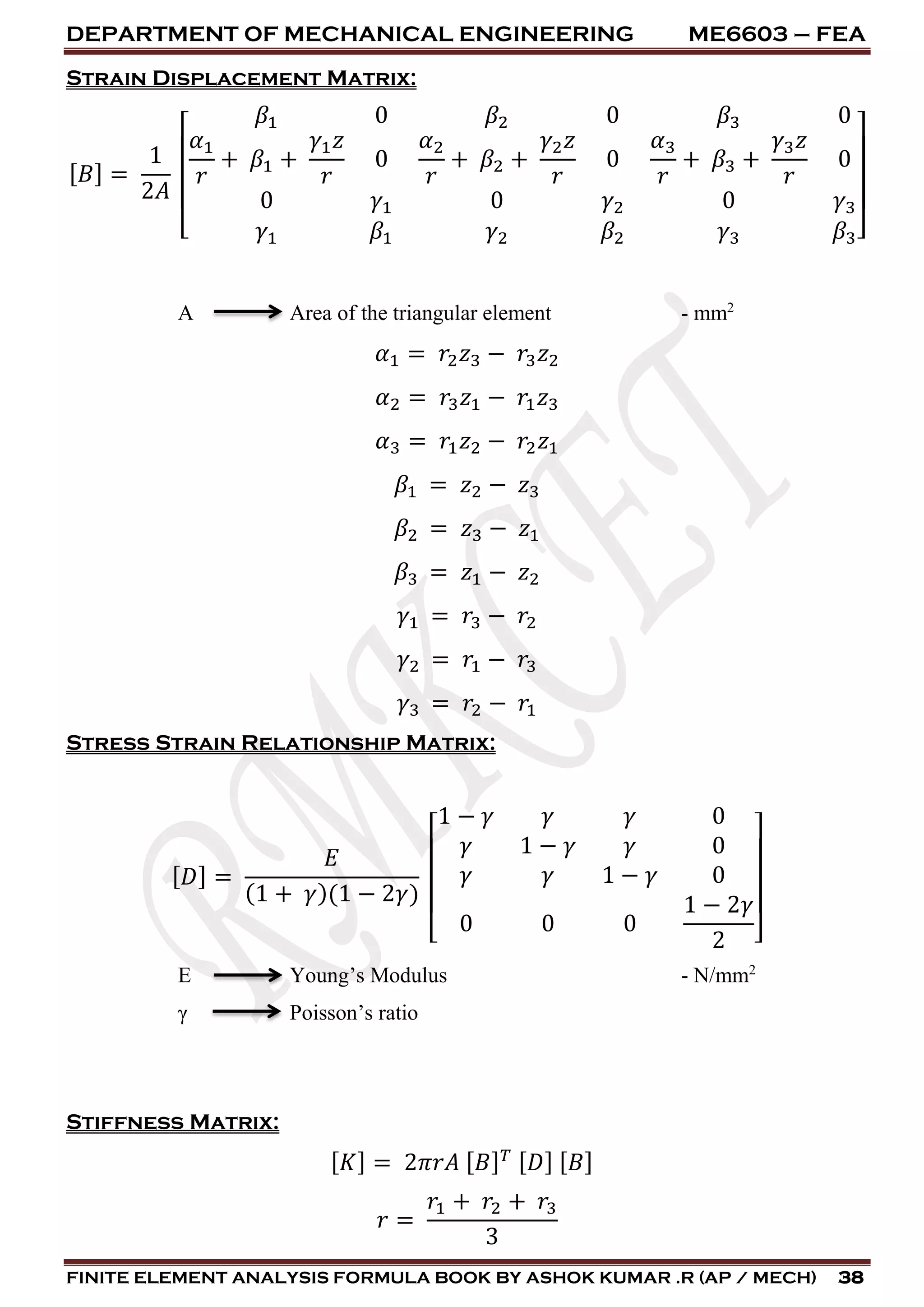ME6603 - FINITE ELEMENT ANALYSIS FORMULA BOOK | PDF