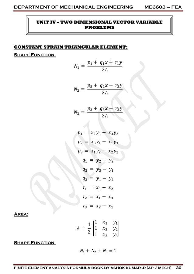 ME6603 - FINITE ELEMENT ANALYSIS FORMULA BOOK | PDF