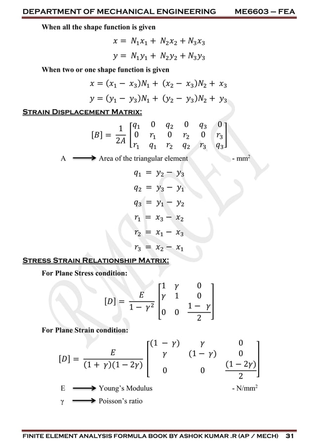 ME6603 - FINITE ELEMENT ANALYSIS FORMULA BOOK | PDF