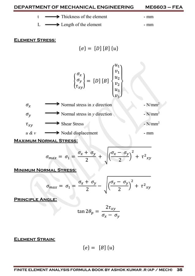 ME6603 - FINITE ELEMENT ANALYSIS FORMULA BOOK | PDF